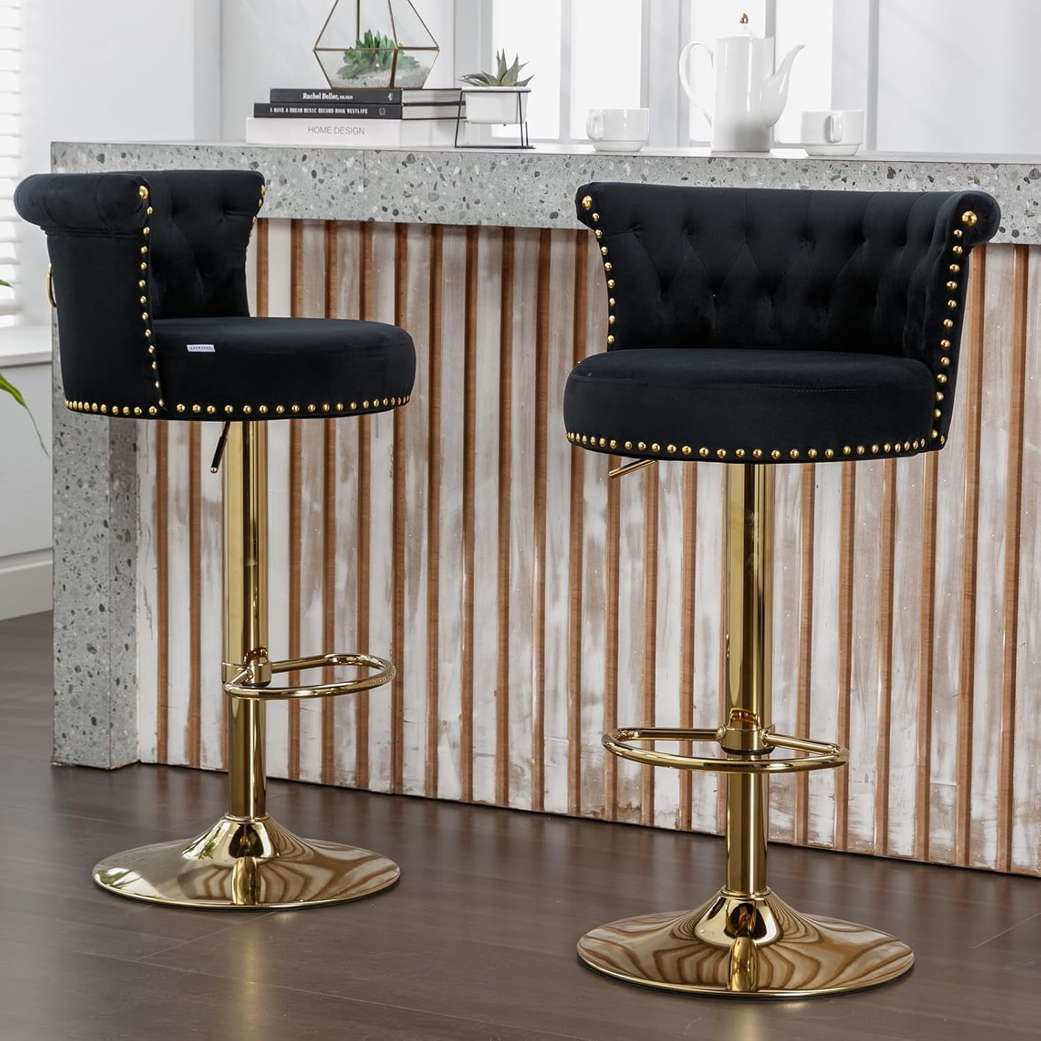 Velvet Swivel Bar Stools Set of 2, Adjustable Counter Height Bar Stool ...