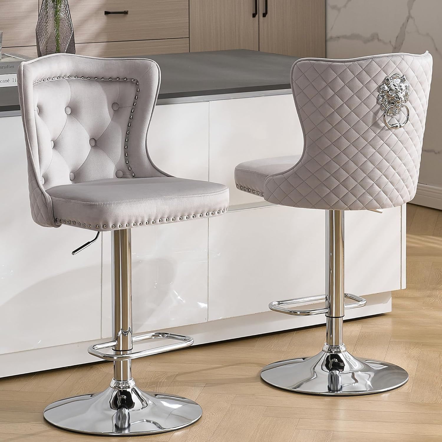 Velvet Swivel Bar Stools Set of 2,Modern Adjustable Counter Height Barstools w/Wing Back/Lion ...