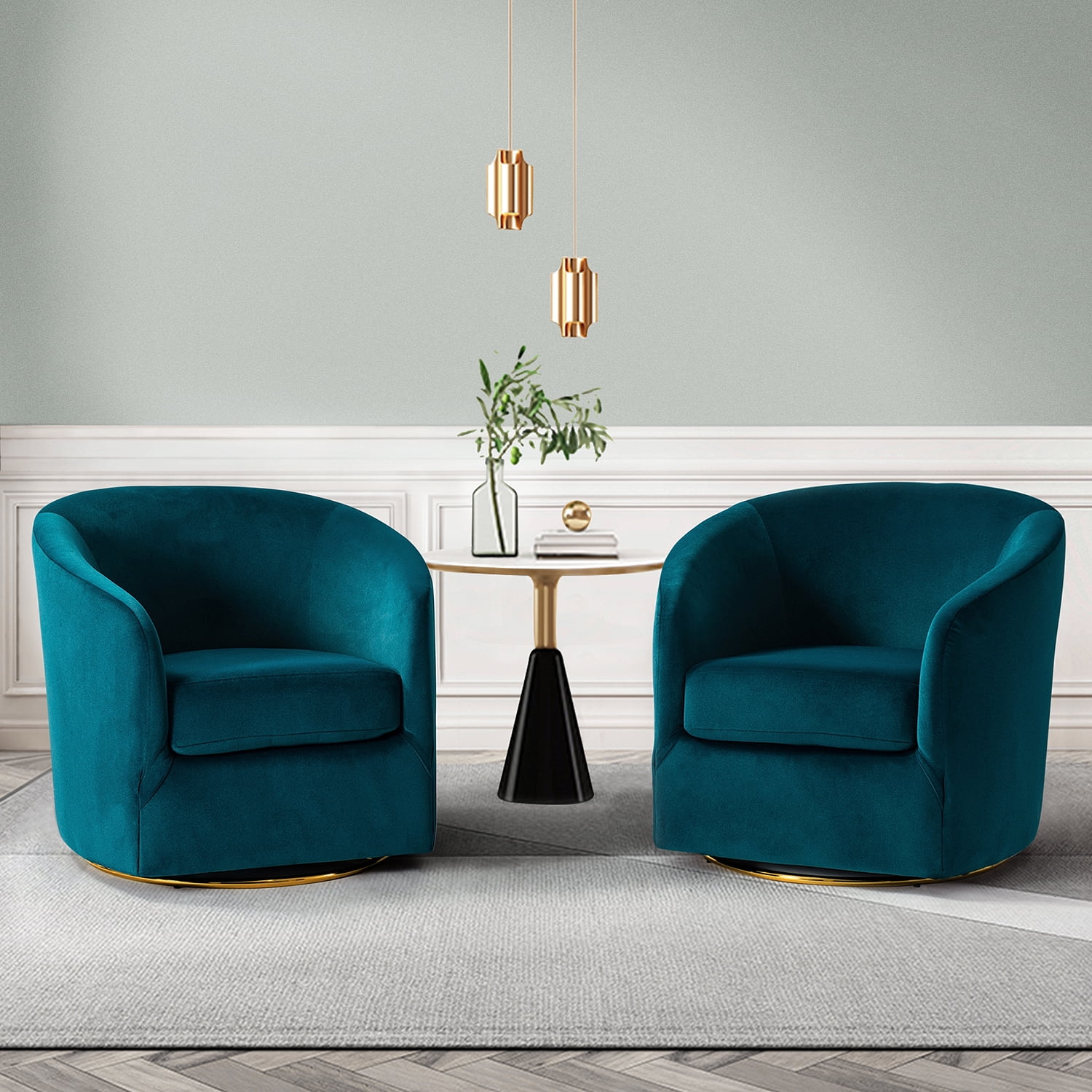 Set of 2 Teal Velvet Swivel Barrel Chairs with Wood Frame & Metal Base ...