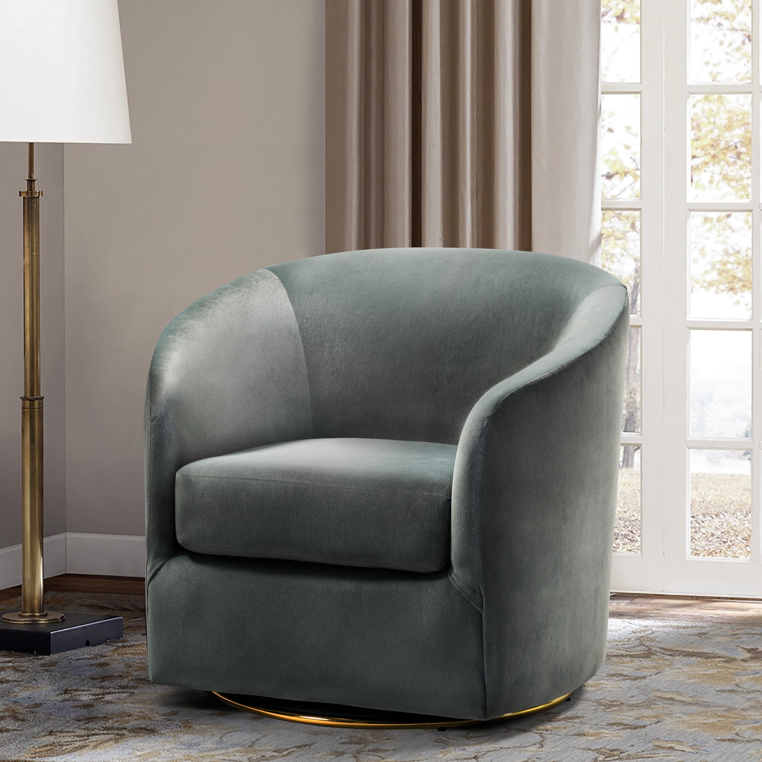 Velvet Swivel Barrel Chair Wood Frame Metal Base Upholstered Club Accent Armchair Grey Walmart