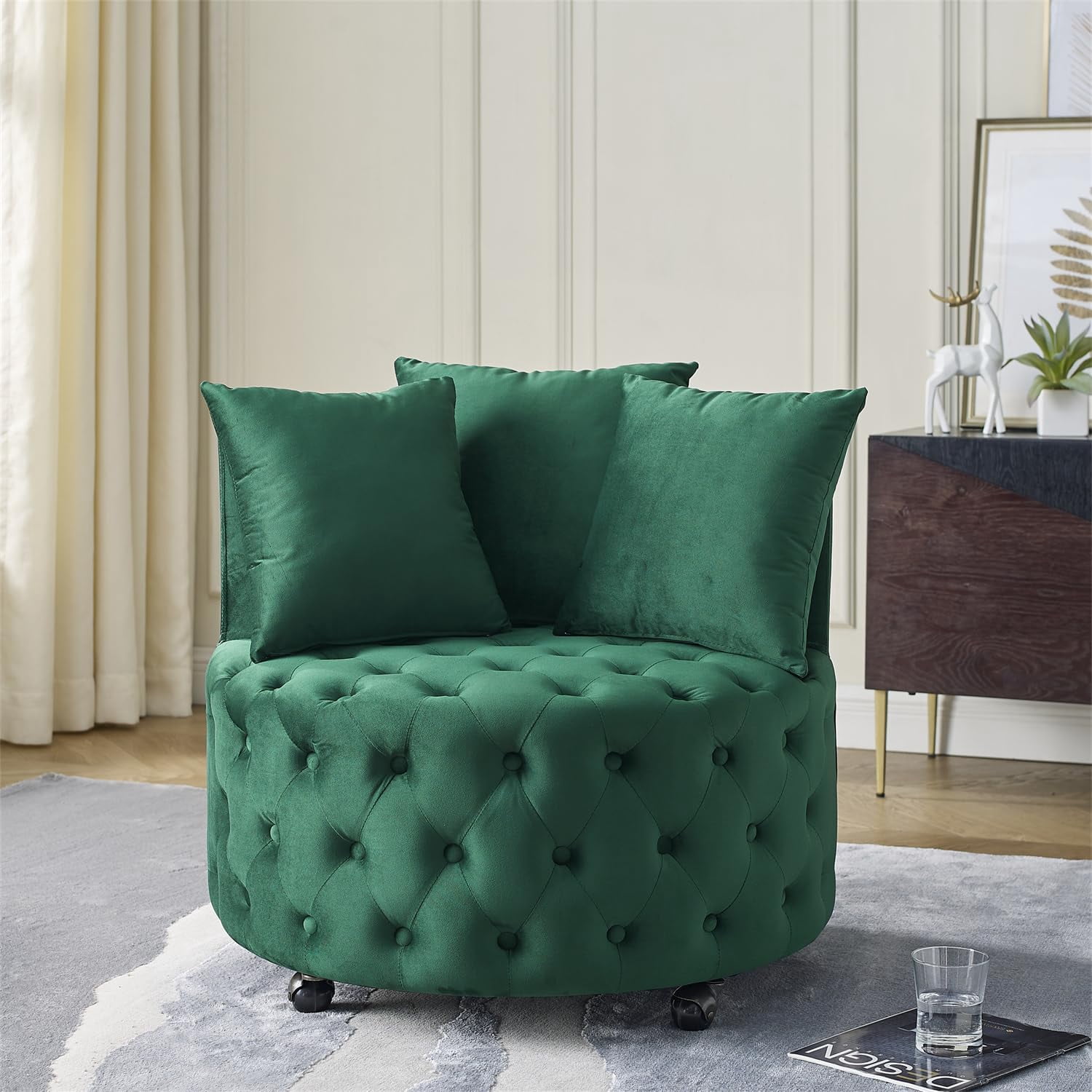 Velvet Swivel Chair with 3 Pillows and Movable Wheels, Upholstered ...