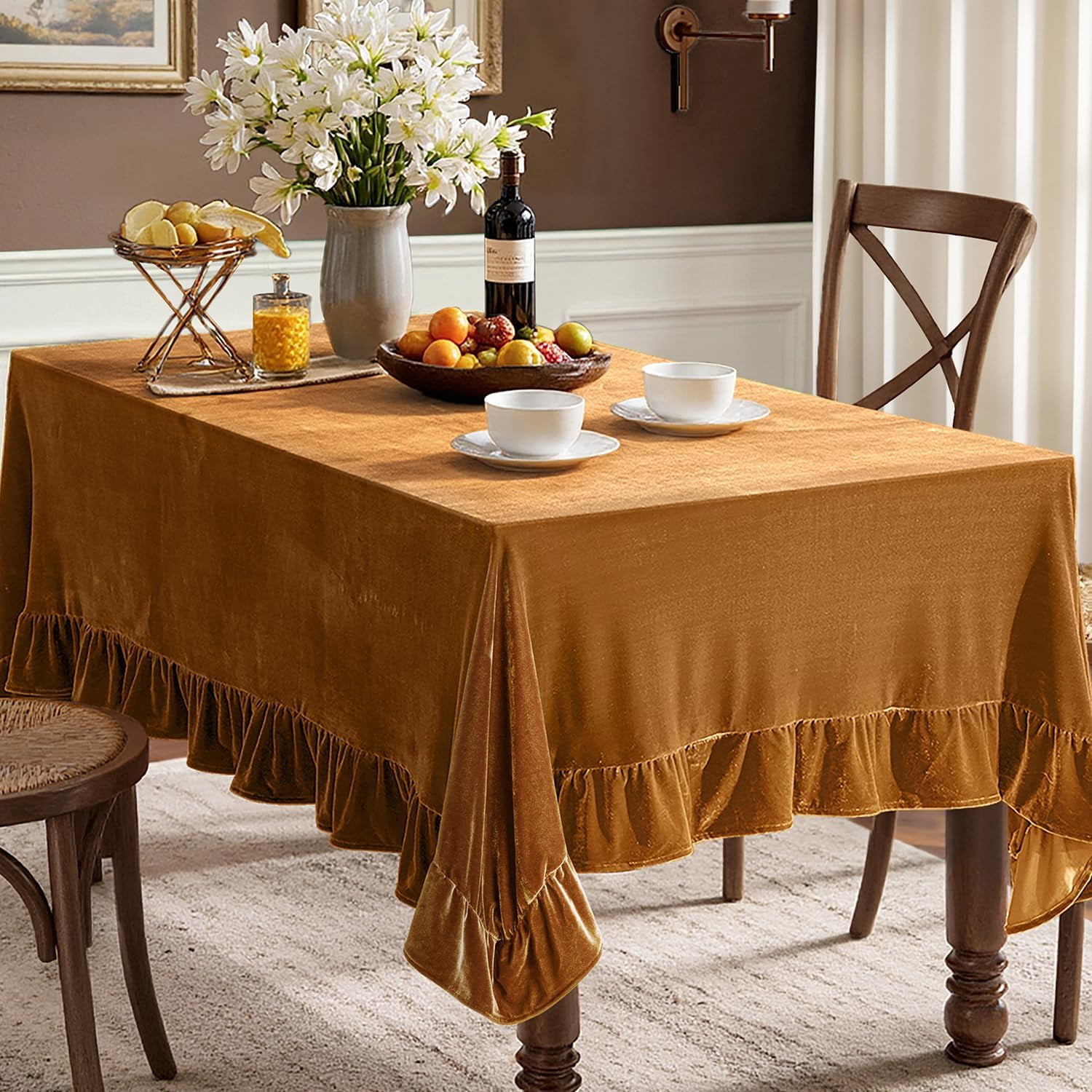 Velvet Tablecloth with Decorative Ruffle, 60x120 Inch, Gold, Elegant ...