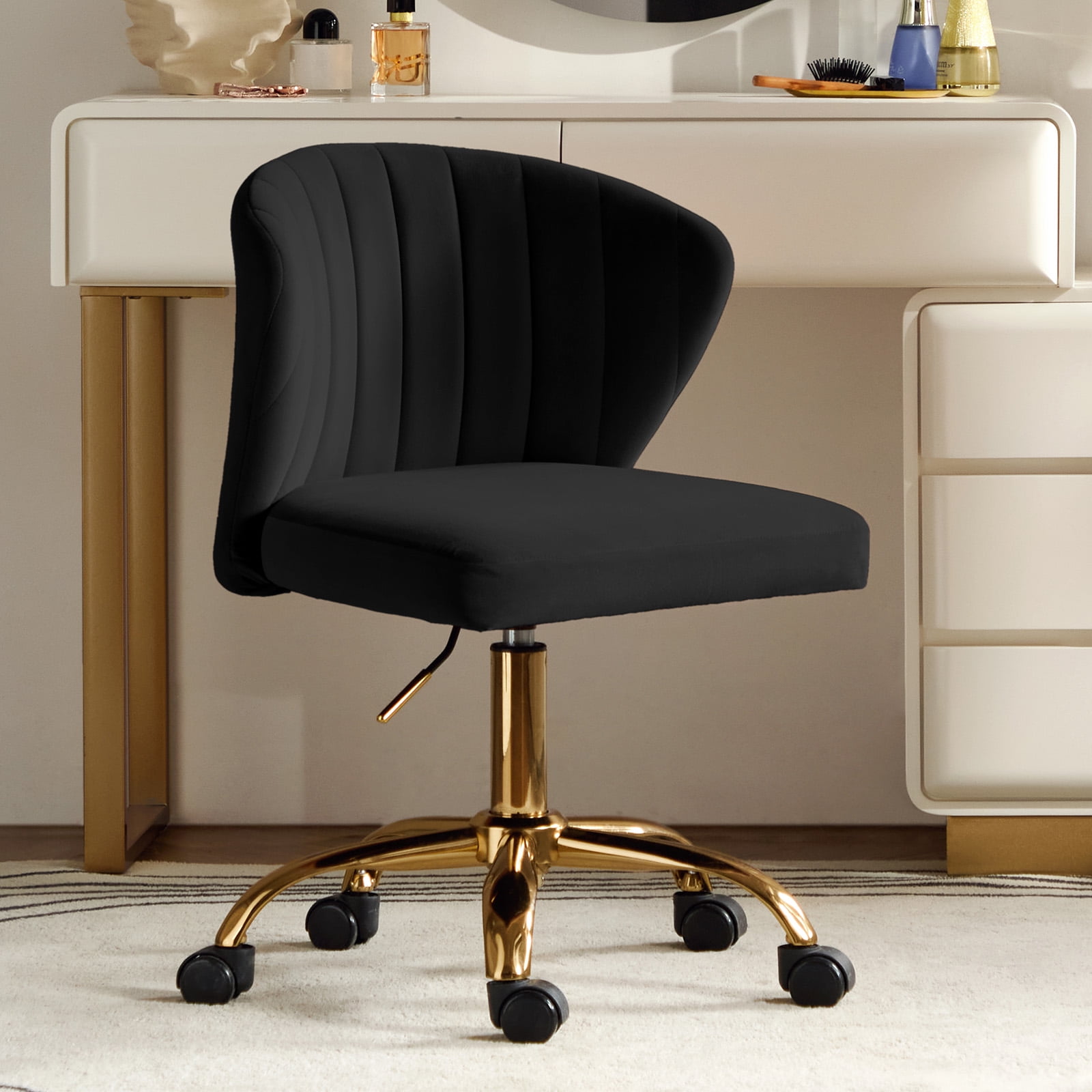 Save 18% • Black Velvet Swivel Office Chair with Gold Legs, Adjustable ...