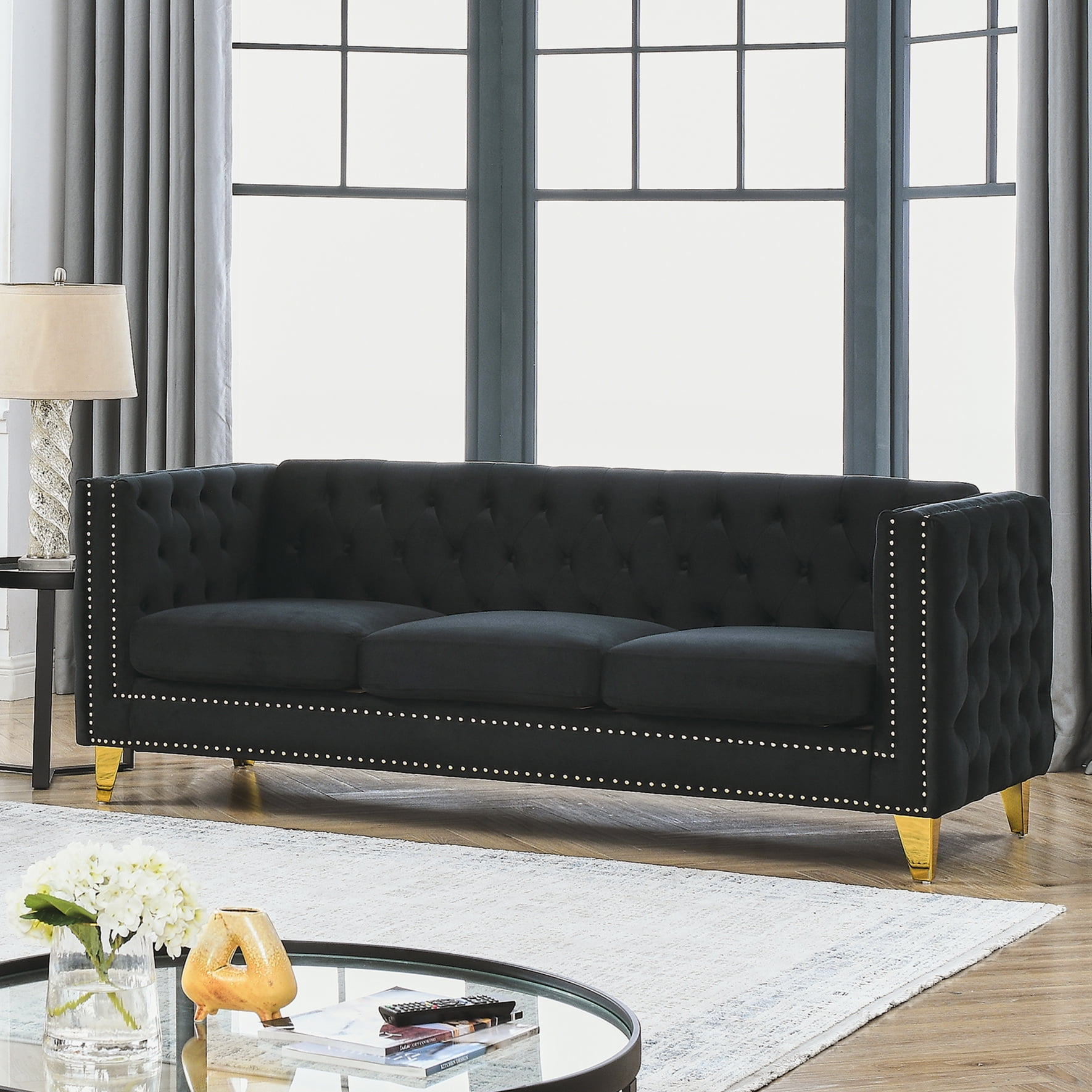 Velvet Three-Seater Sofa with Buttons Tufted Square Arm,Modern ...