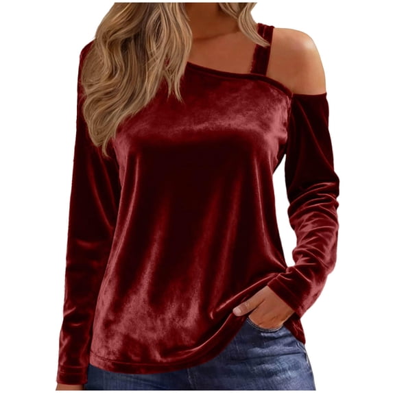 Velvet Tops for Womens Trendy Elegant Long Sleeve Off Shoulder Shirts ...