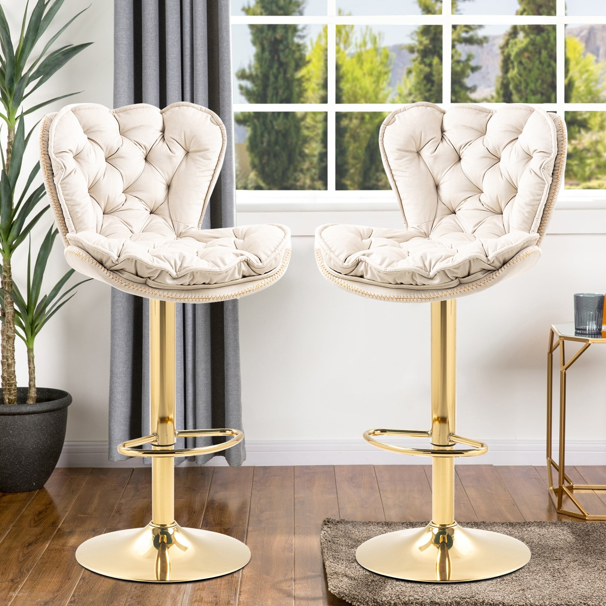 Velvet Tufted Adjustable Height Armless Bar Stools With Golden Footrest ...