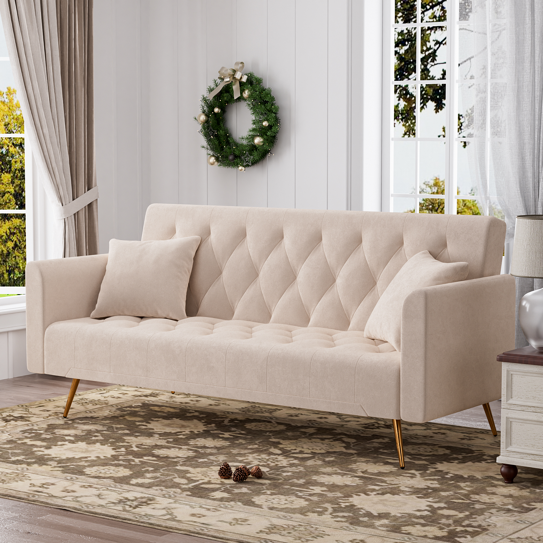 Velvet Tufted Convertible Futon Sofa Bed Loveseat with Metal Legs-Beige ...