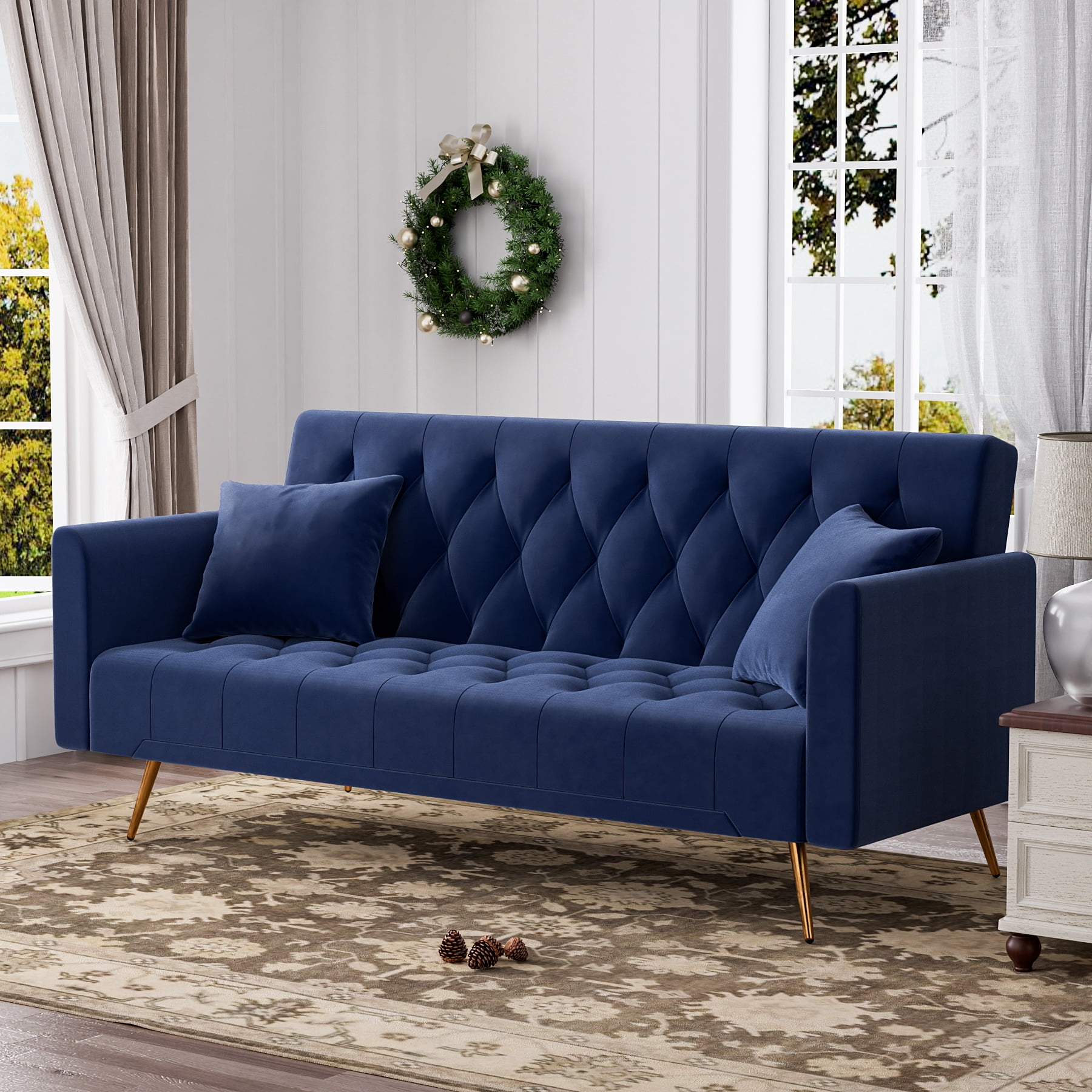 Rophefx Velvet Tufted Convertible Futon Sofa Bed Loveseat with Metal ...