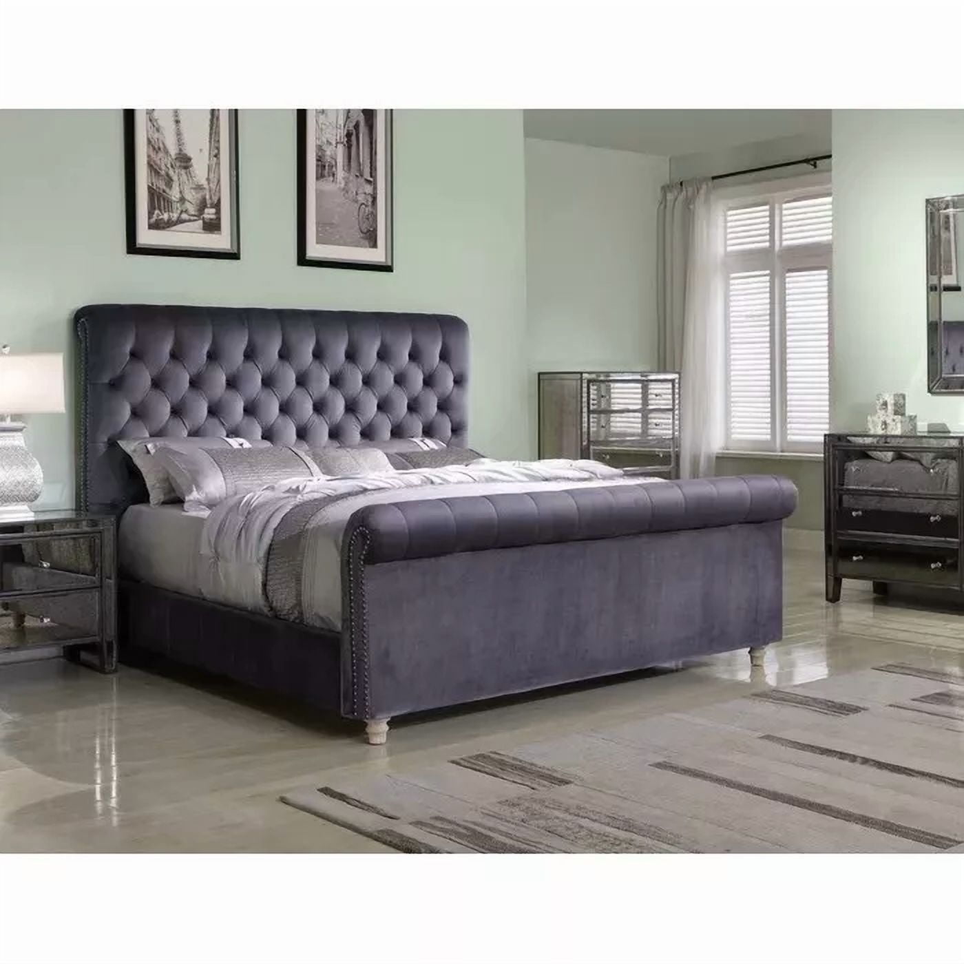Velvet Tufted Eastern King Sleigh Bed Frame, Rolled Headboard and ...