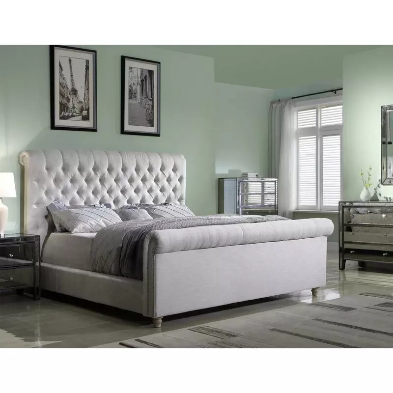 Velvet Tufted Queen Sleigh Bed Frame, Rolled Headboard and Footboard ...
