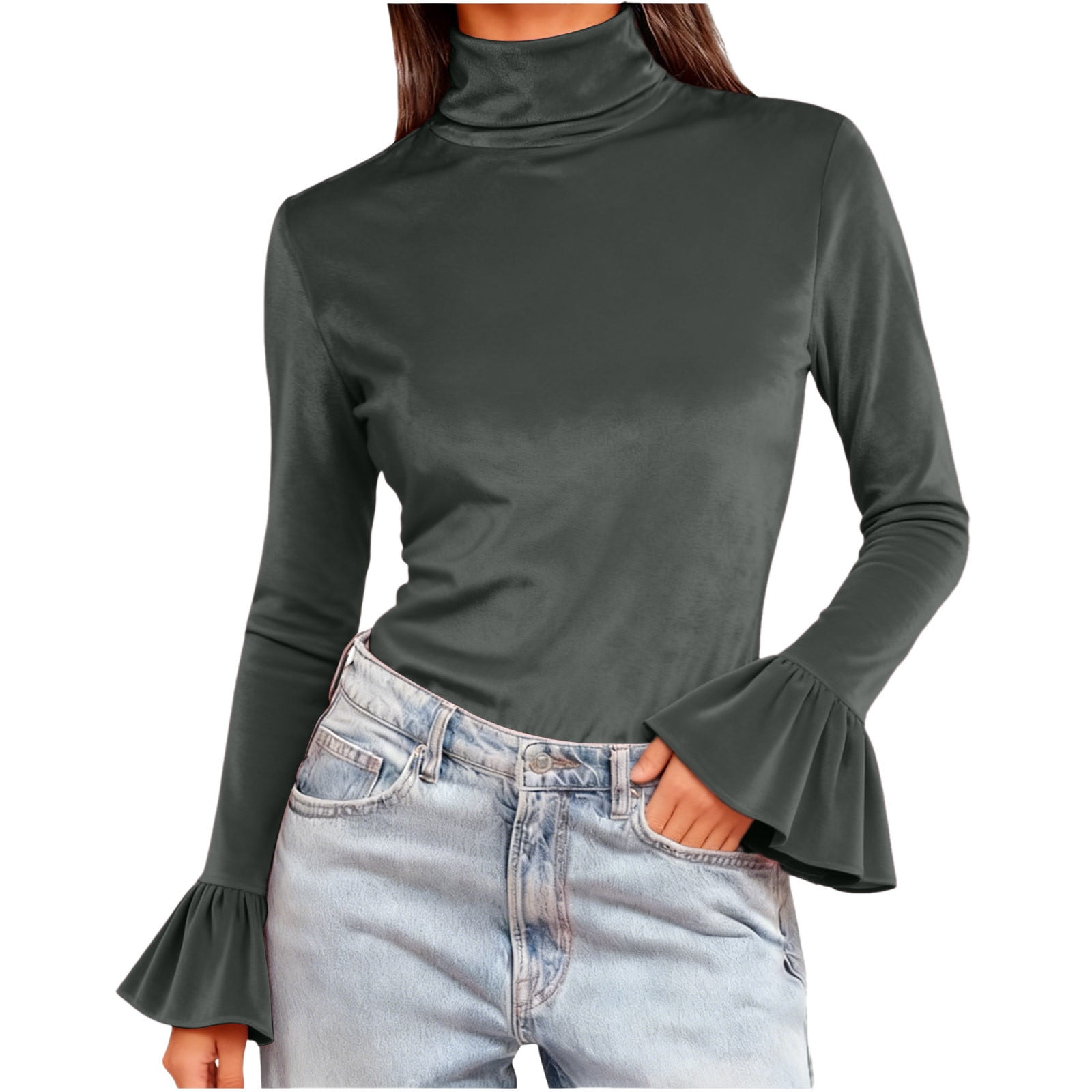 Velvet Turtle Neck Blouses for Women Y2K Flare Long Sleeve Shirts Basic ...
