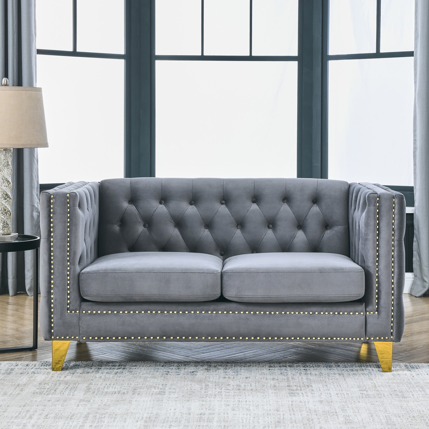 Velvet Two-Seater Sofa with Buttons Tufted Square Arm,Modern ...