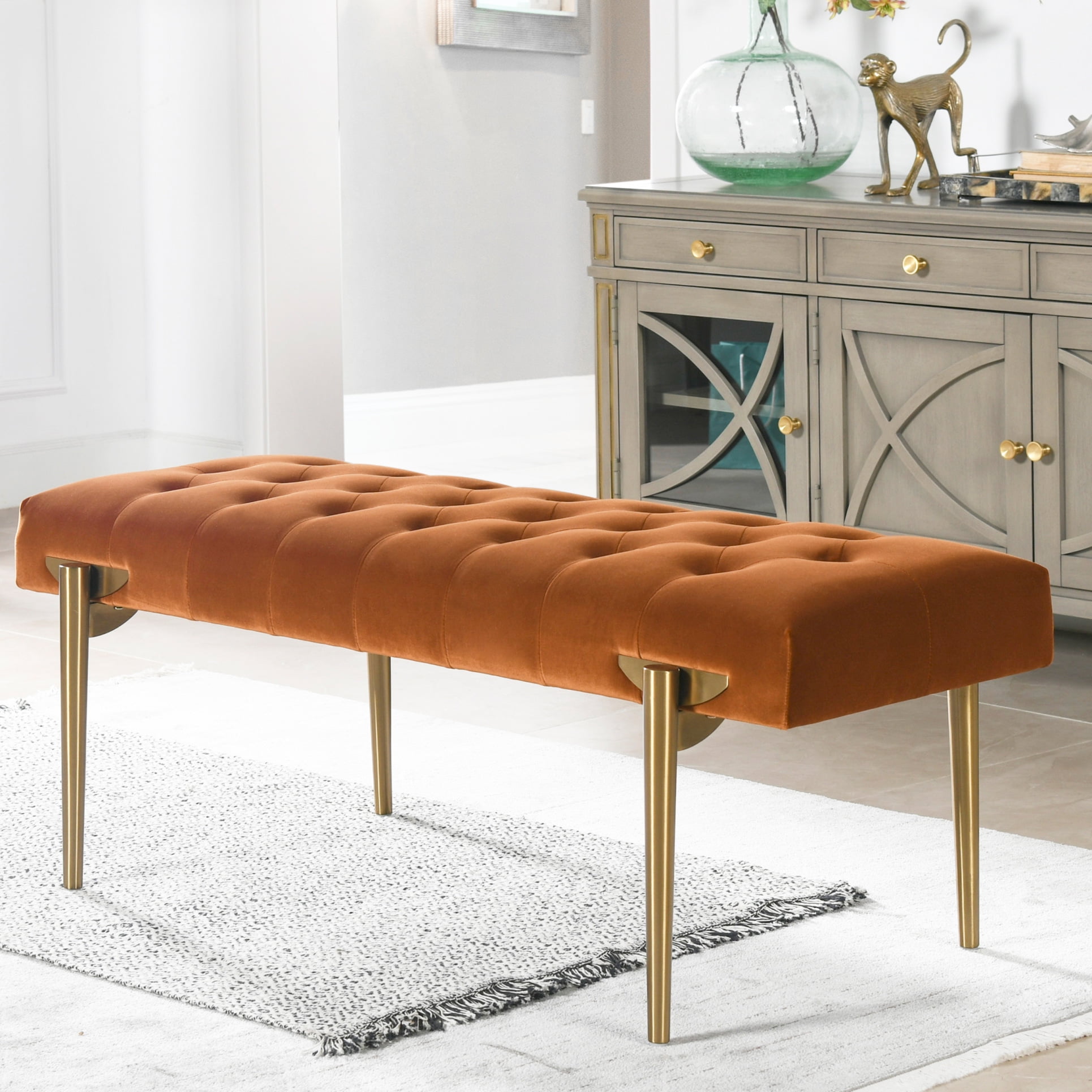 Velvet Upholstered Accent Bench, Modern Ottoman Bench with Satin Gold ...