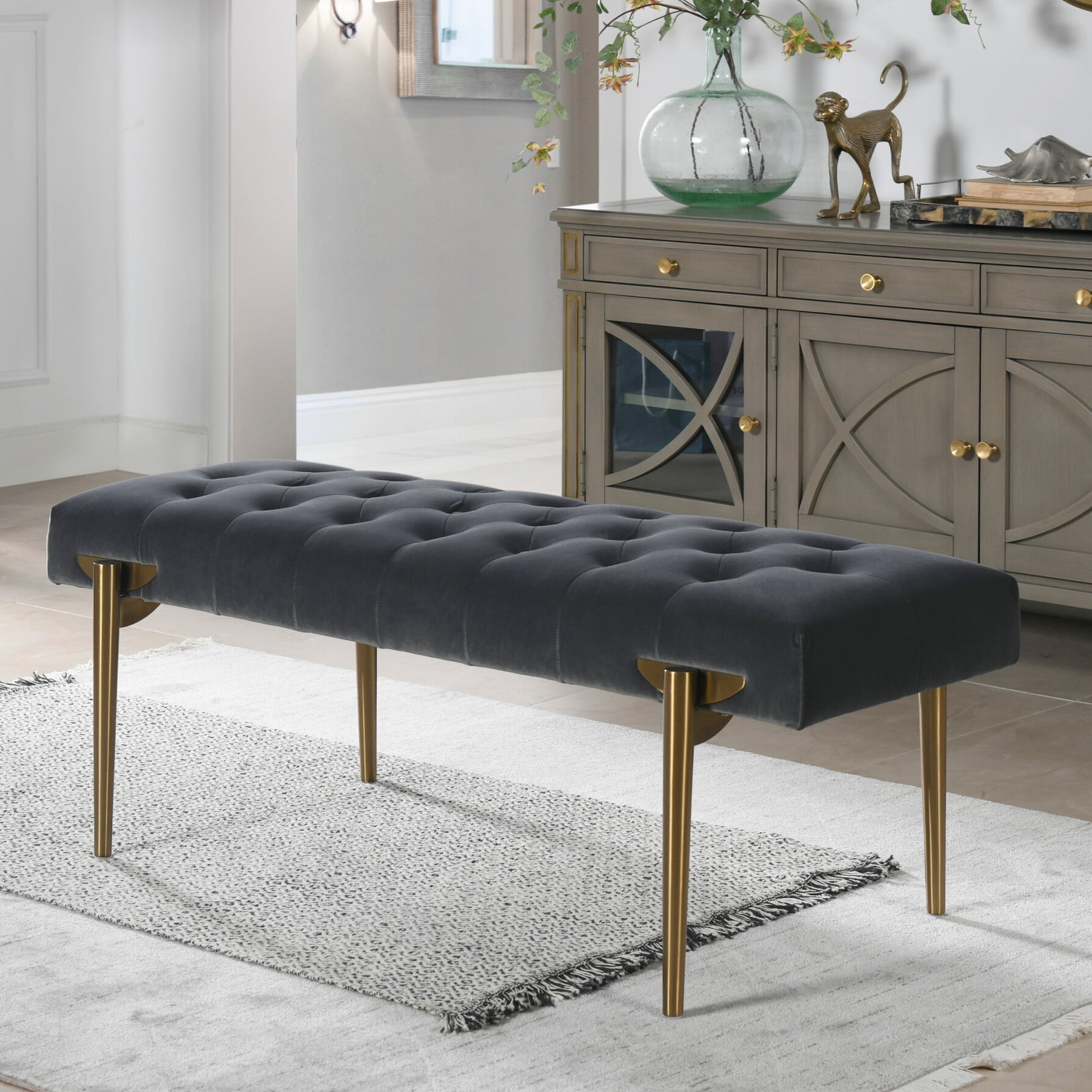 Velvet Upholstered Accent Bench, Modern Ottoman Bench with Satin Gold ...