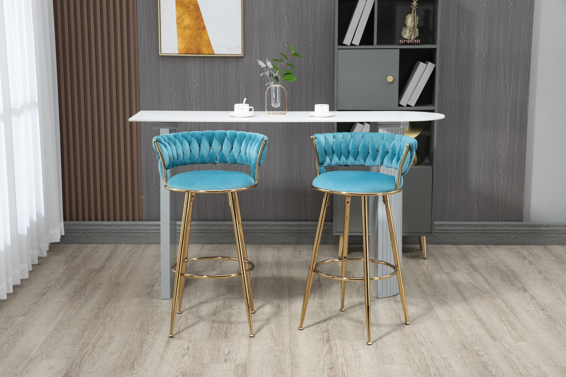 Velvet Upholstered Bar Stools Set of 2, Counter Height Dining Stools ...