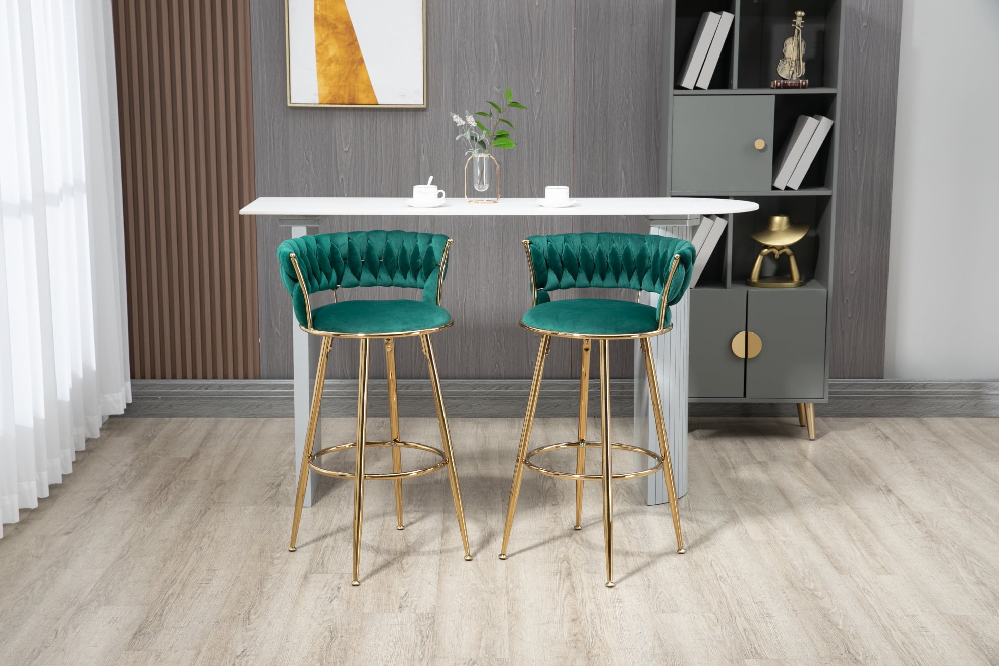 Velvet Upholstered Bar Stools Set of 2, Counter Height Dining Stools ...