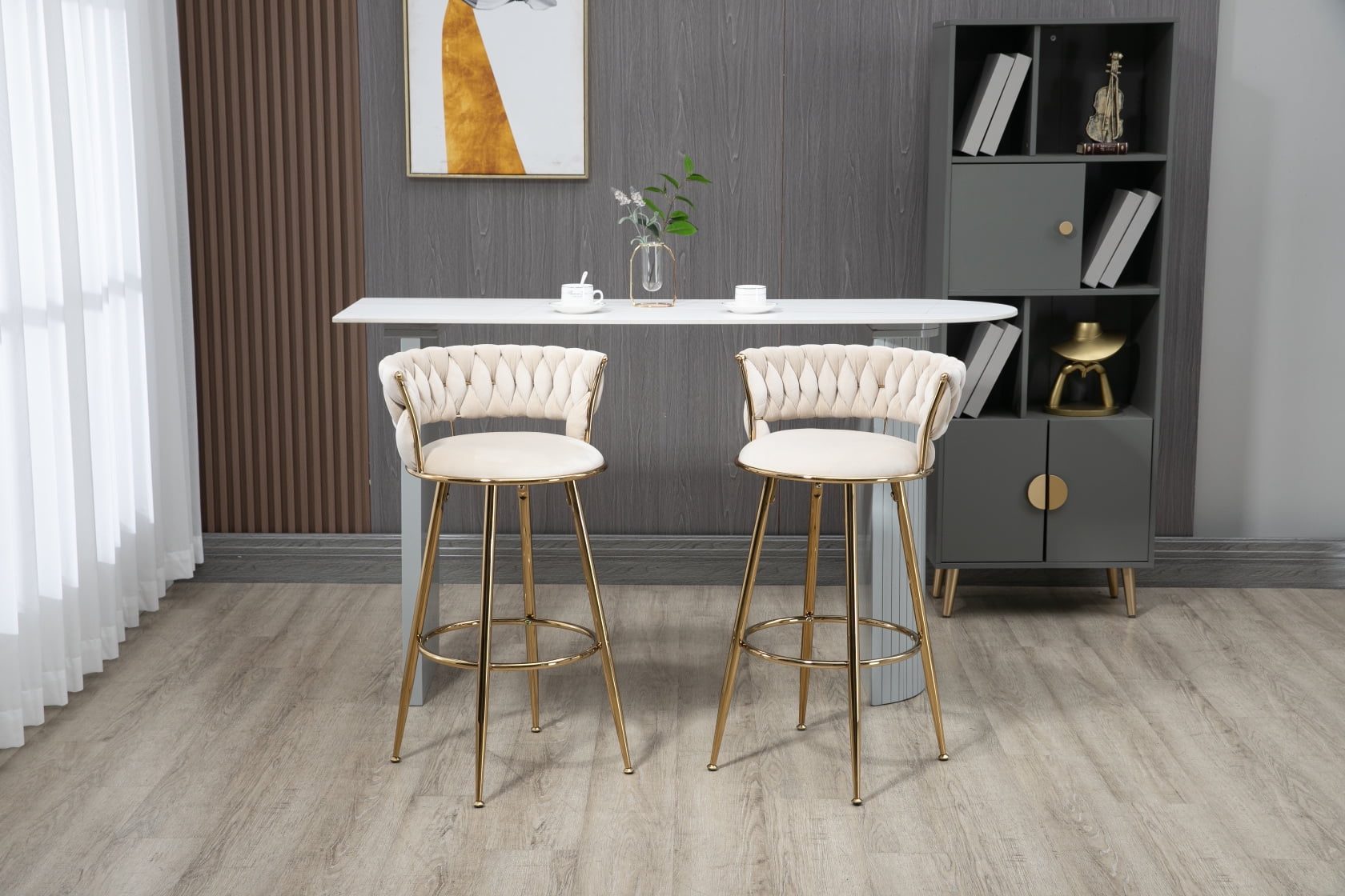 Velvet Upholstered Bar Stools Set of 2, Counter Height Dining Stools ...