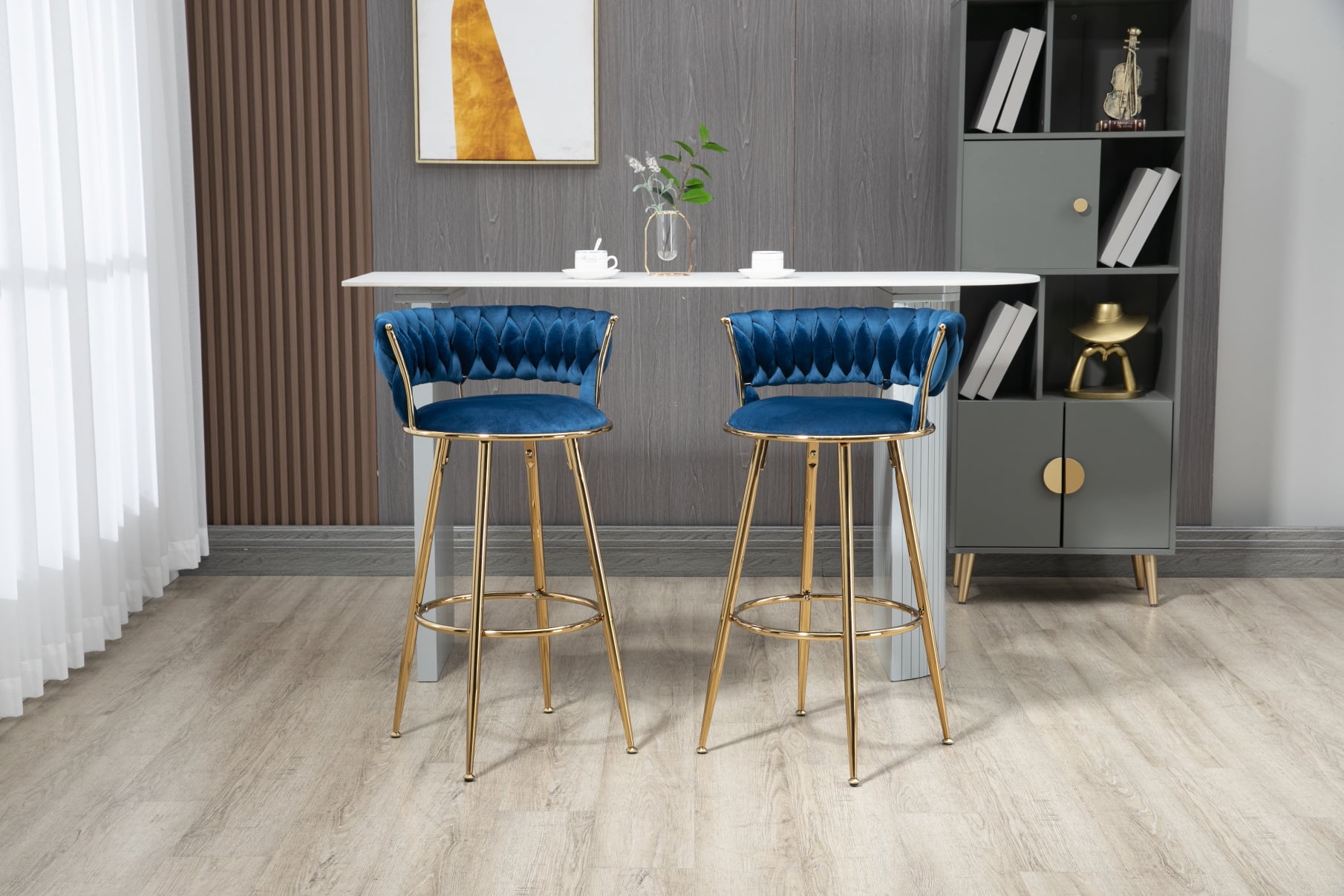 Velvet Upholstered Bar Stools Set of 2, Counter Height Dining Stools ...