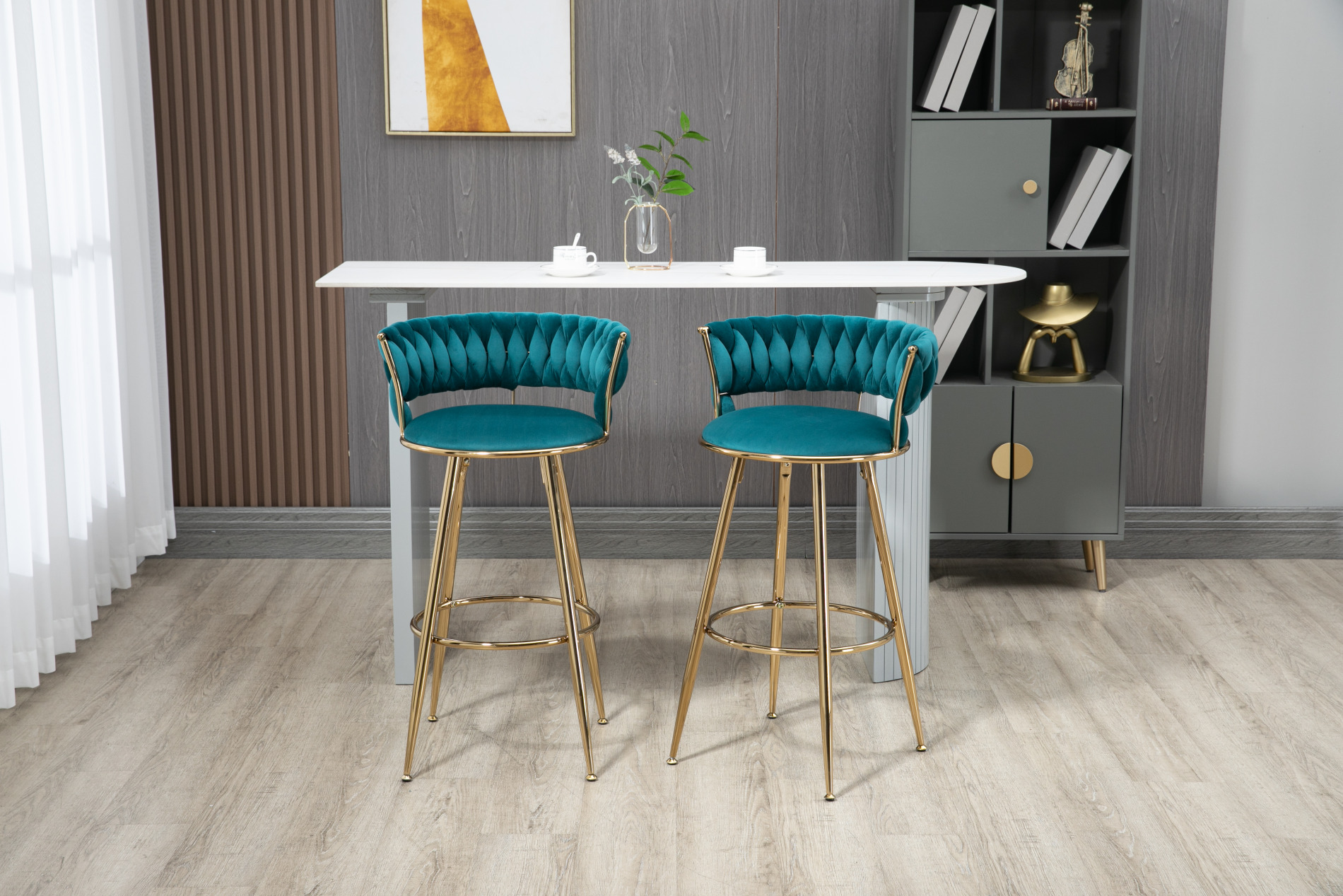 Velvet Upholstered Bar Stools Set of 2, Counter Height Dining Stools ...