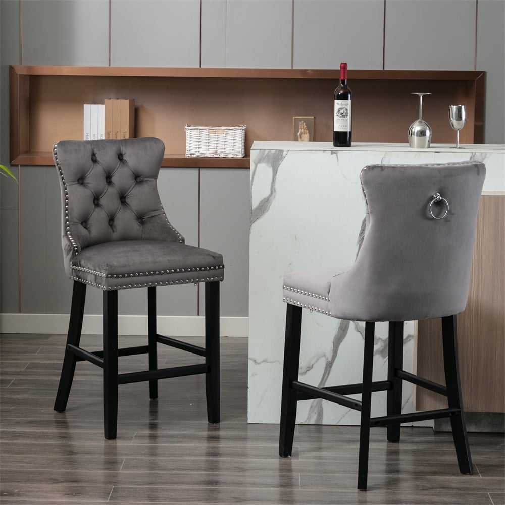 Velvet Upholstered Bar Stools Set of 2, Modern High-end Button-Tufted Side Dining Chairs with ...