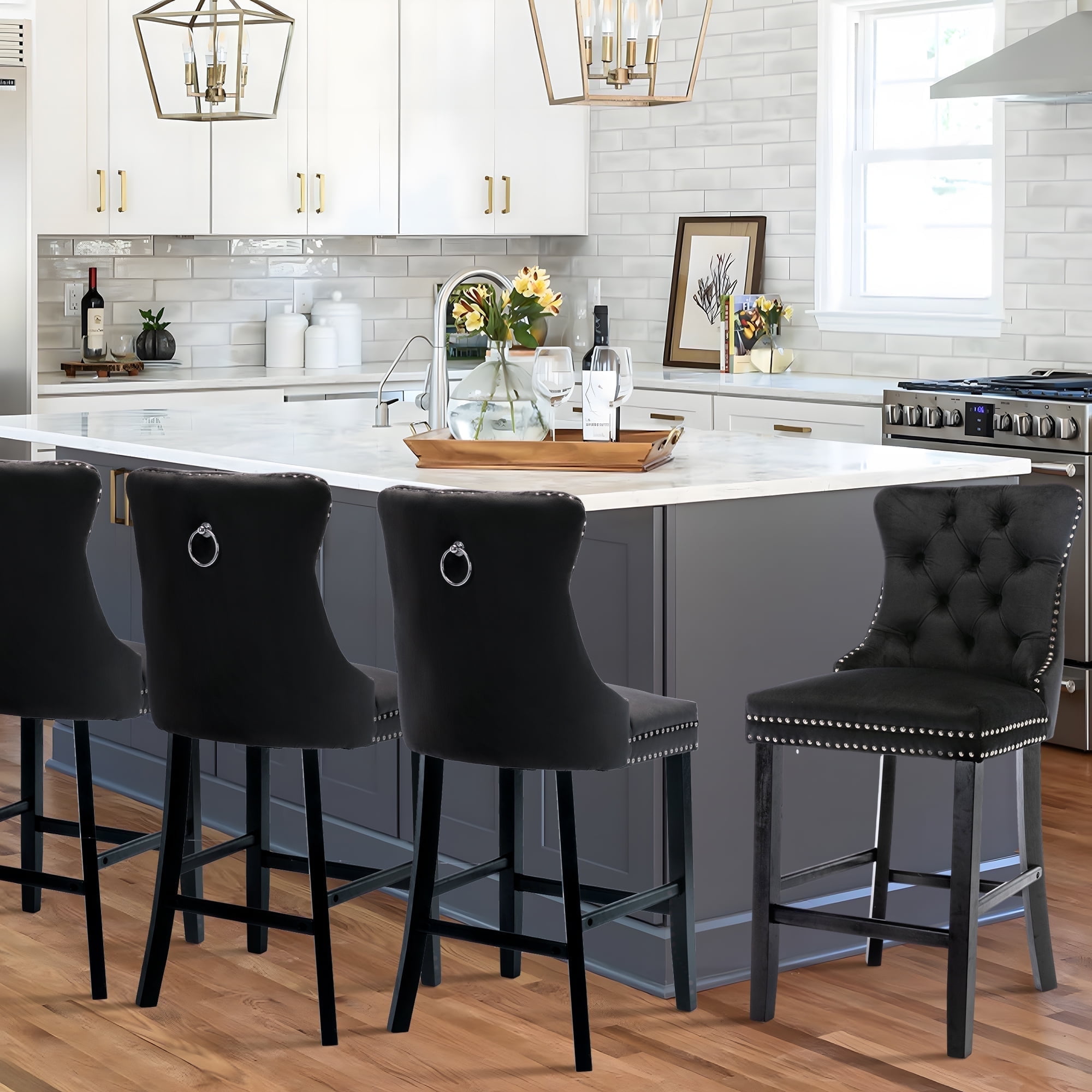 DONICK Velvet Counter Height Bar Stools Set of 4,Button Tufted Back Bar ...