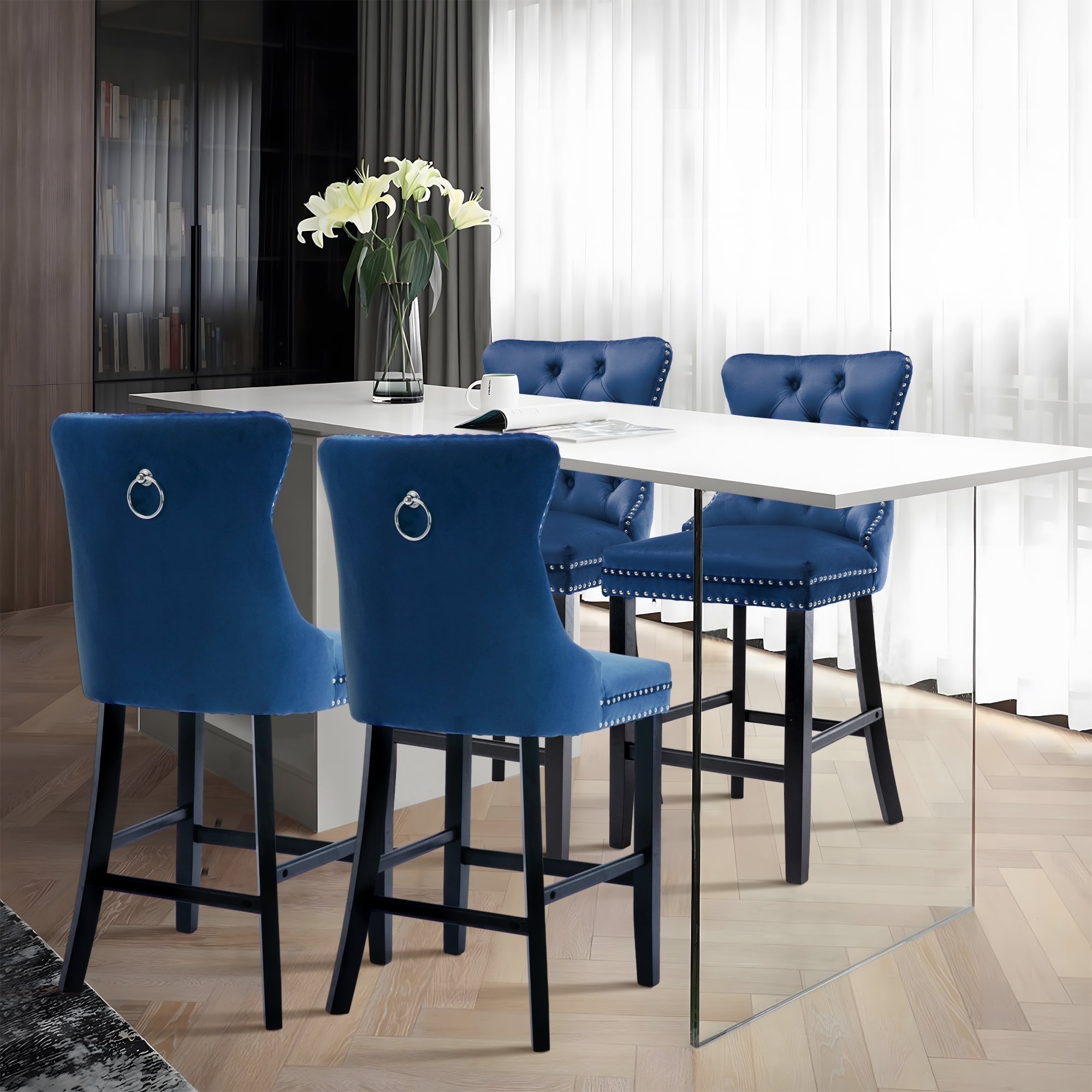 DONICK Velvet Counter Height Bar Stools Set of 6,Button Tufted Back Bar ...