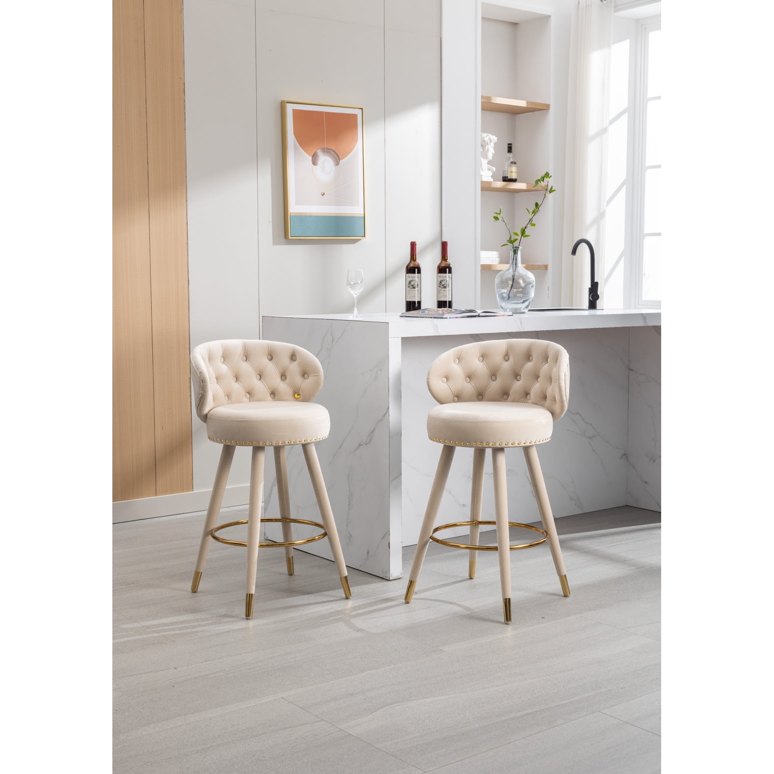 Velvet Upholstered Counter Stools Set of 2 - Vintage Inspired Bar ...