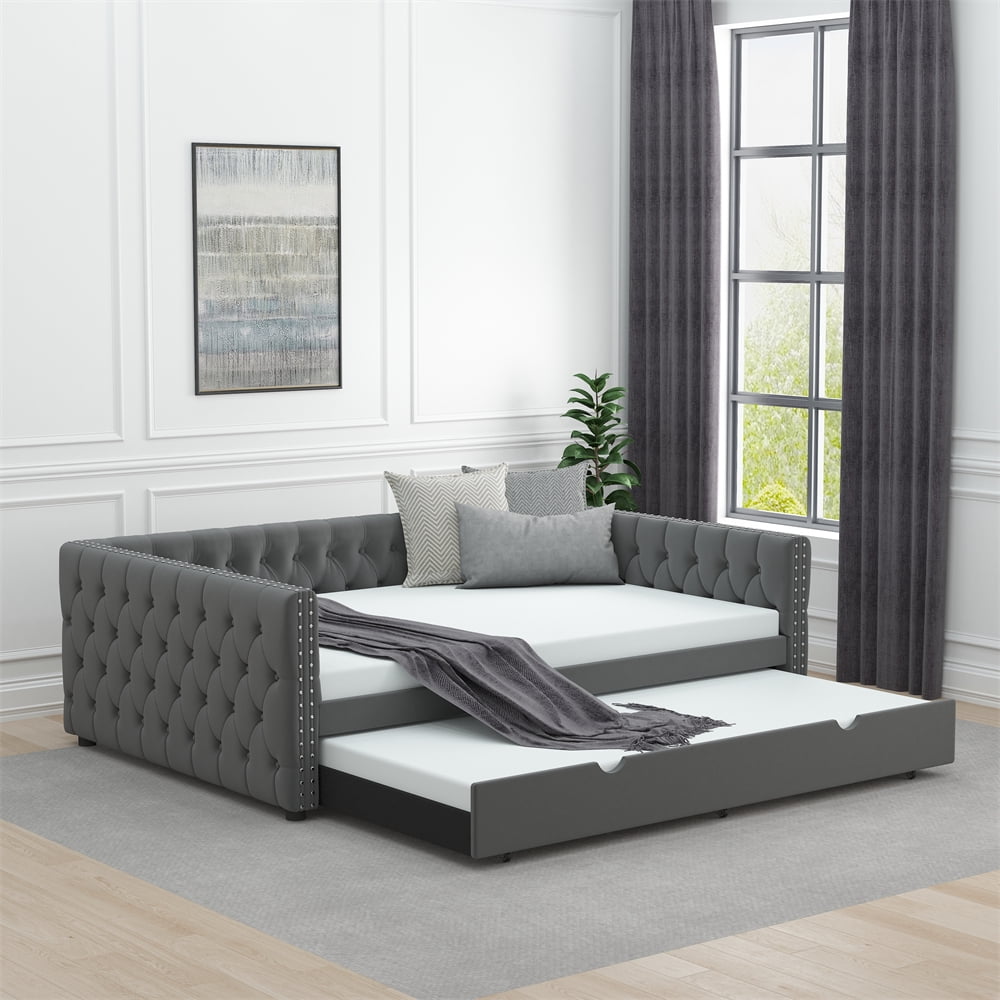 Velvet Upholstered Daybed with Twin Trundle, Elegant Full Size Daybed ...