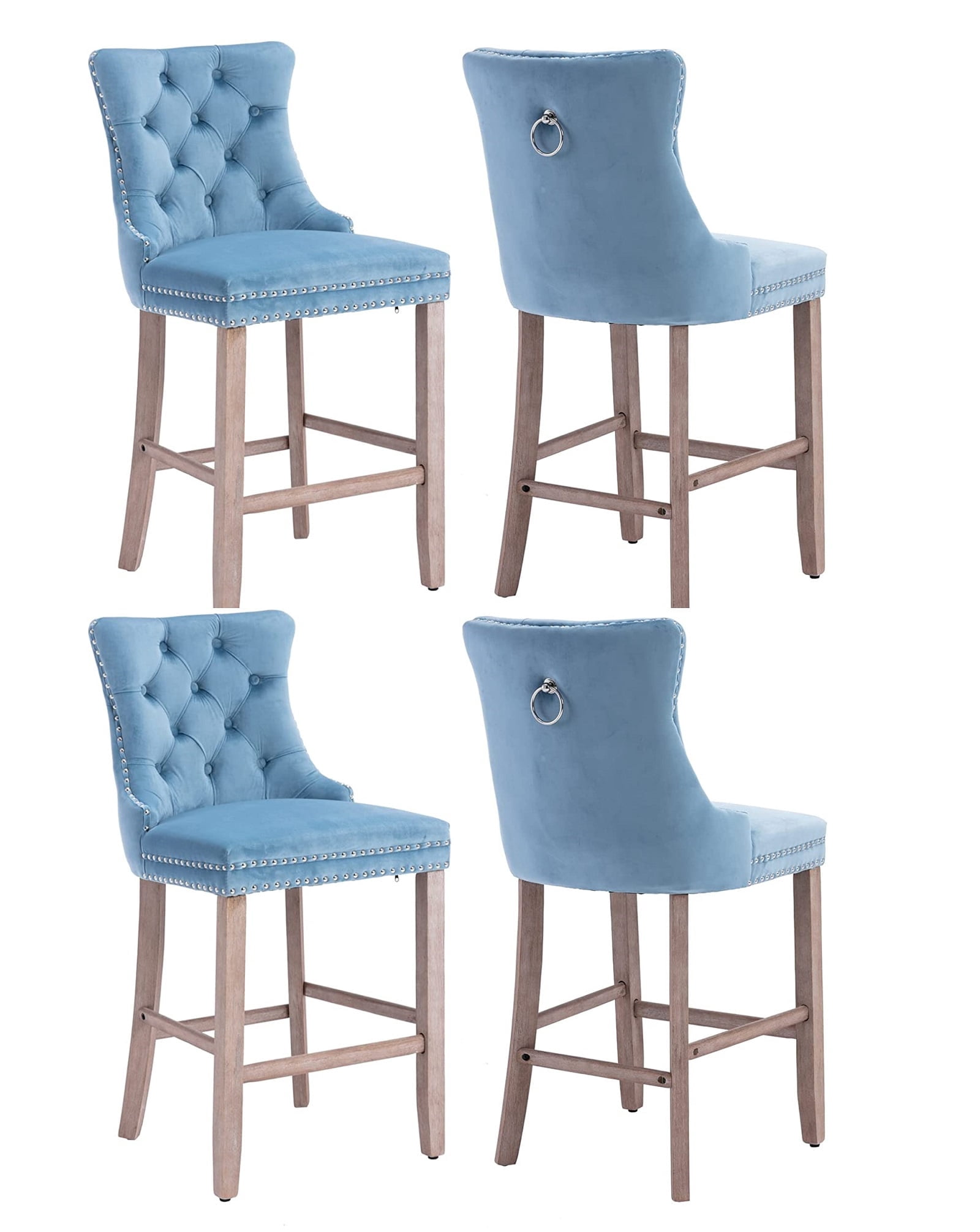 Rhomtree Set of 4 Velvet Barstools with Button Tufted Back, Wood Legs ...