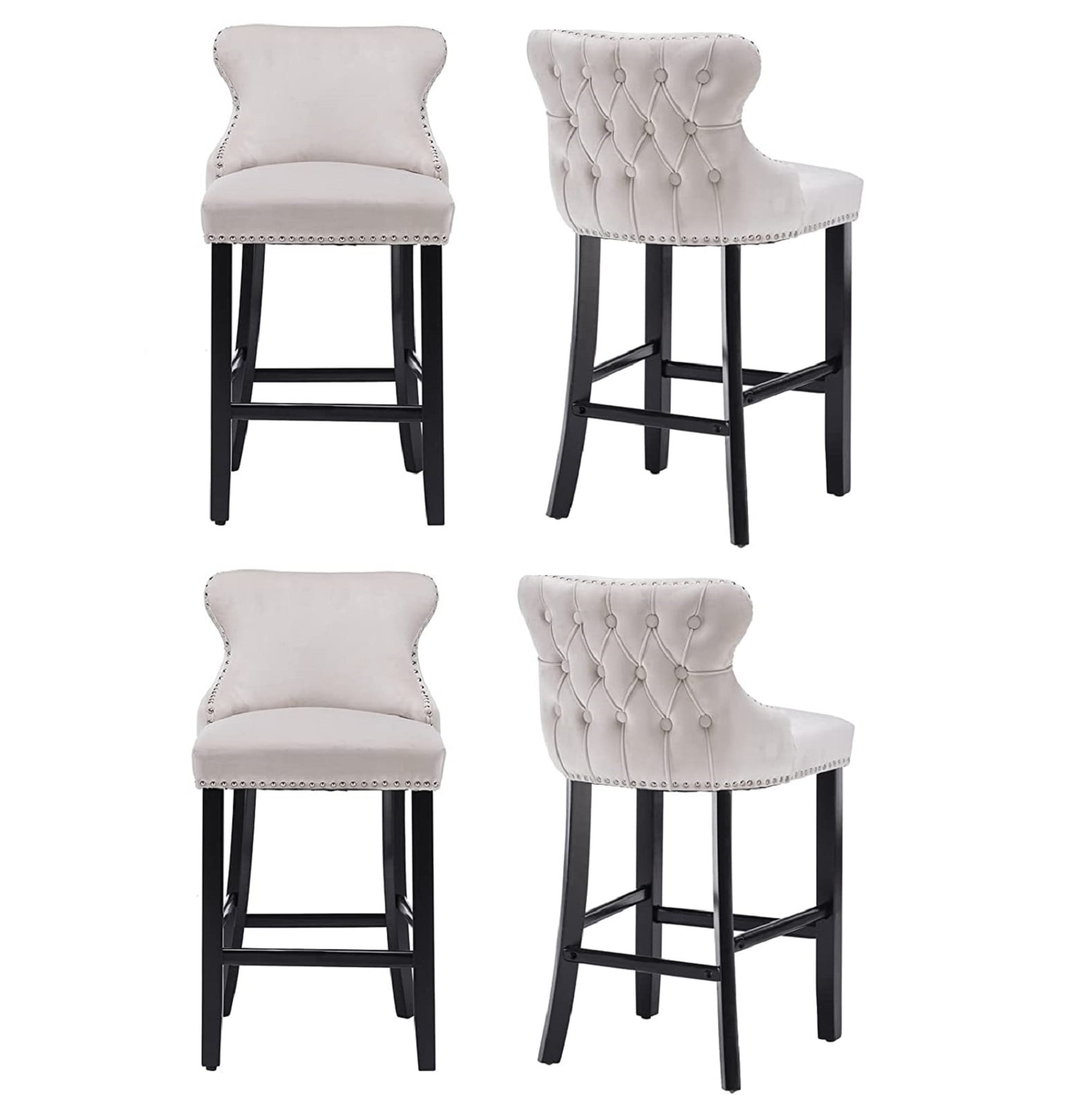Velvet Upholstered Dining Bar Chairs Counter Height Barstools Wood Legs ...