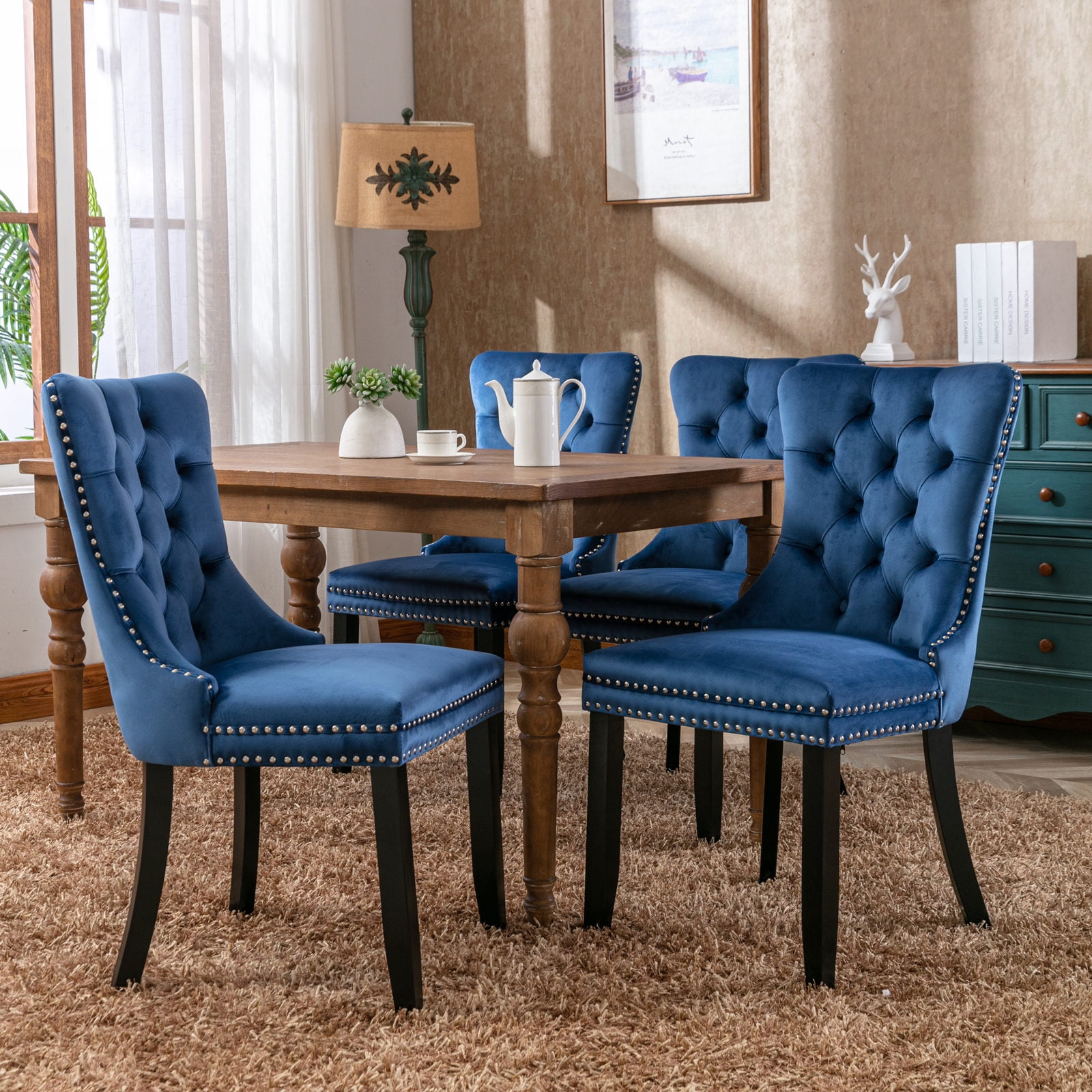 Velvet Upholstered Dining Chairs Set of 2 Wingback Dining Room Chairs with Ring Pull Nailhead Trim and Tufted Button Back Luxury Dining Chairs for