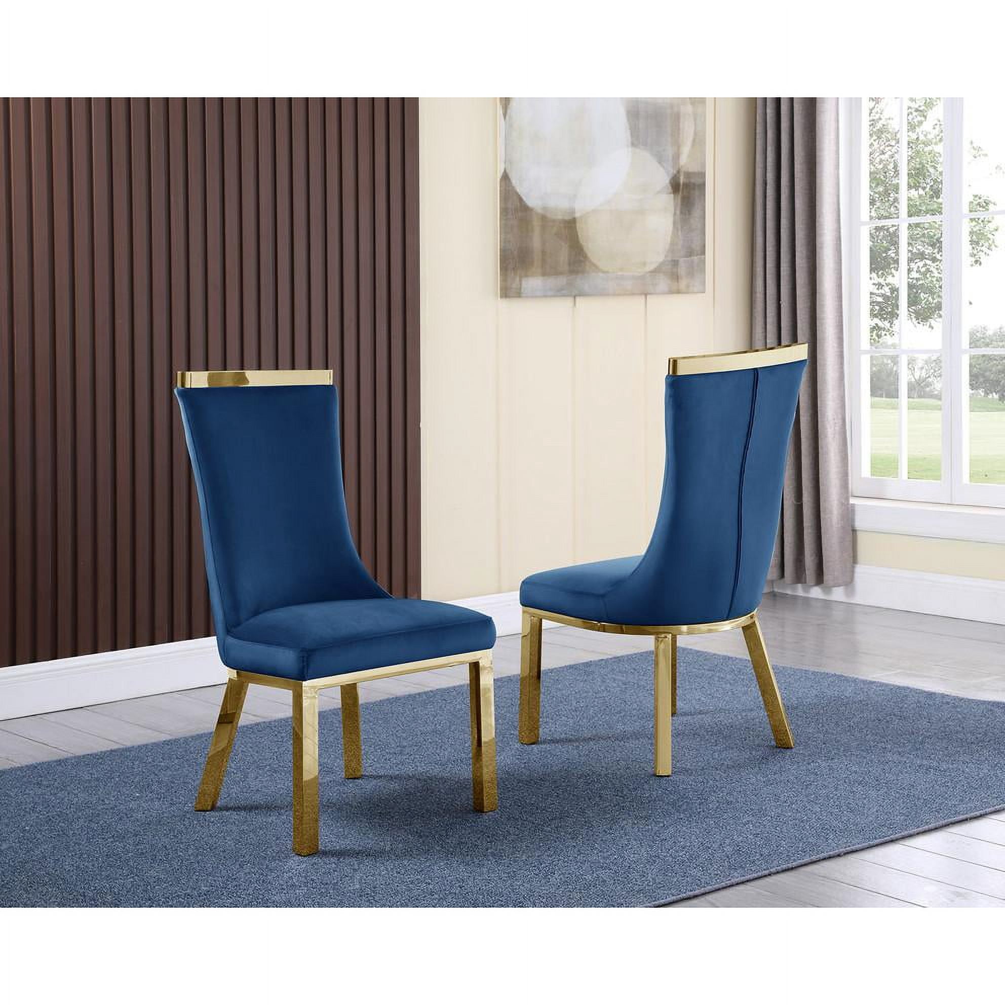 Velvet Upholstered Dining Chairs in Navy Blue with Gold Stainless Steel ...