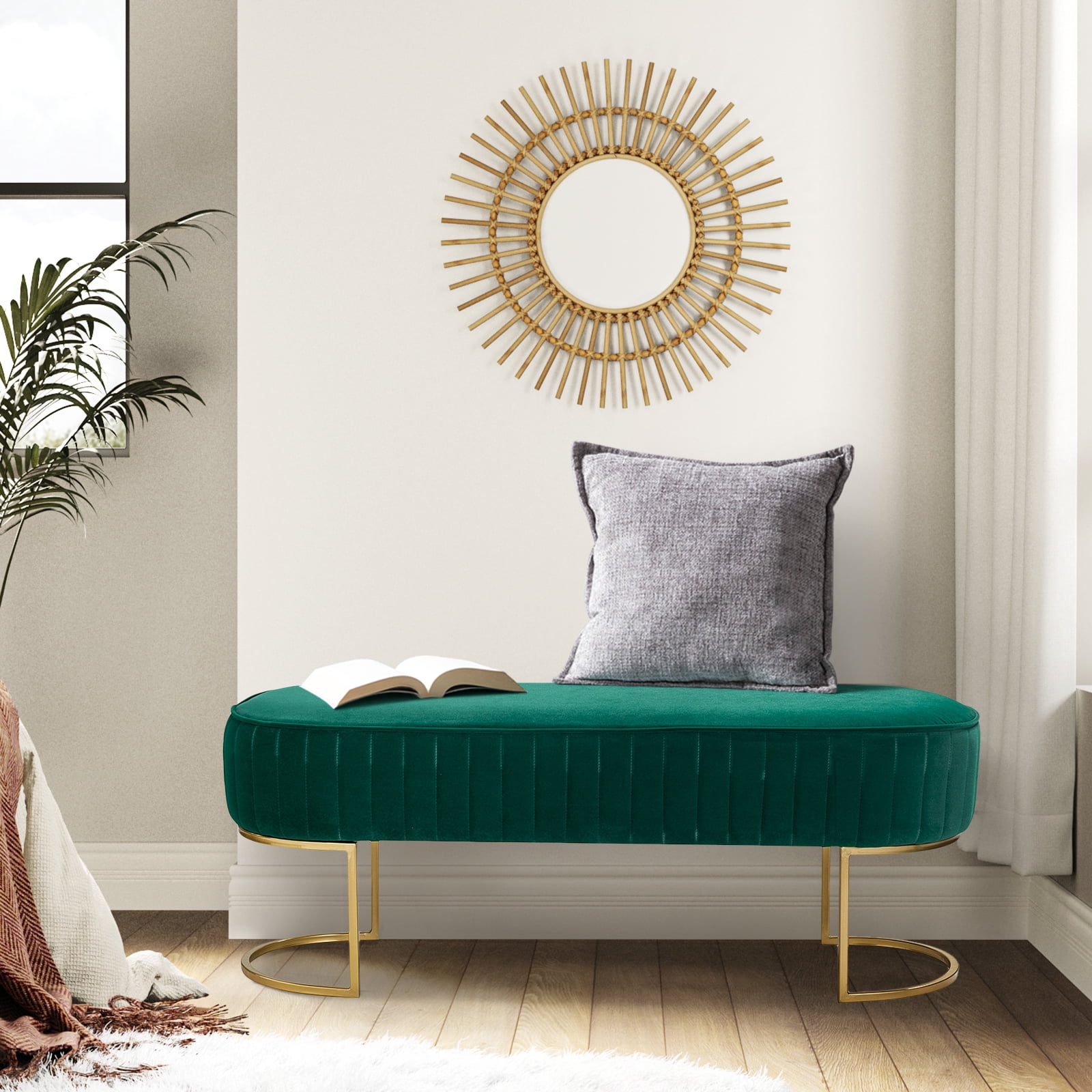 Velvet Upholstered Entryway Bench Bed Foot Stool with Horseshoe-shaped ...