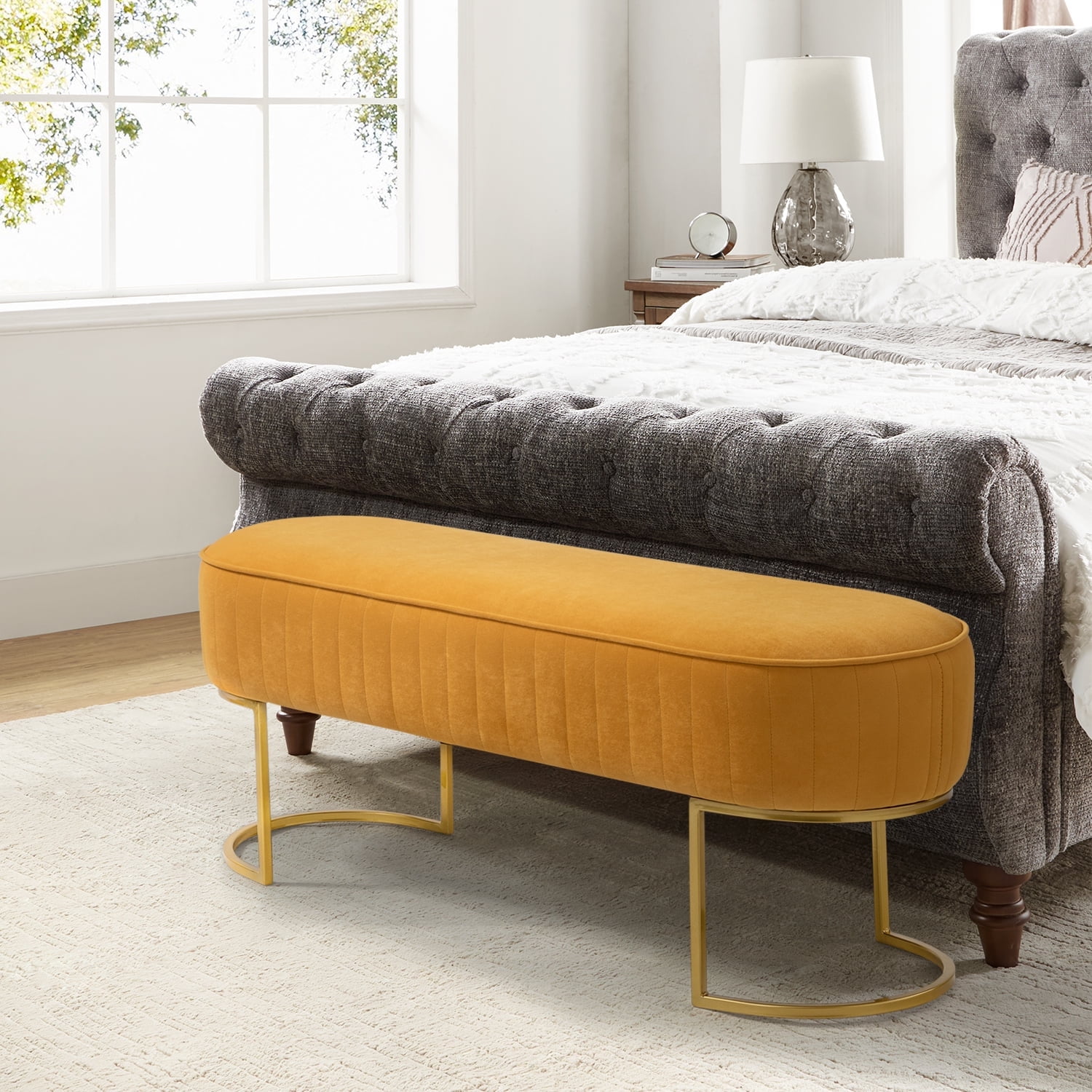 Velvet Upholstered Entryway Bench Bed Foot Stool with Horseshoe-shaped ...