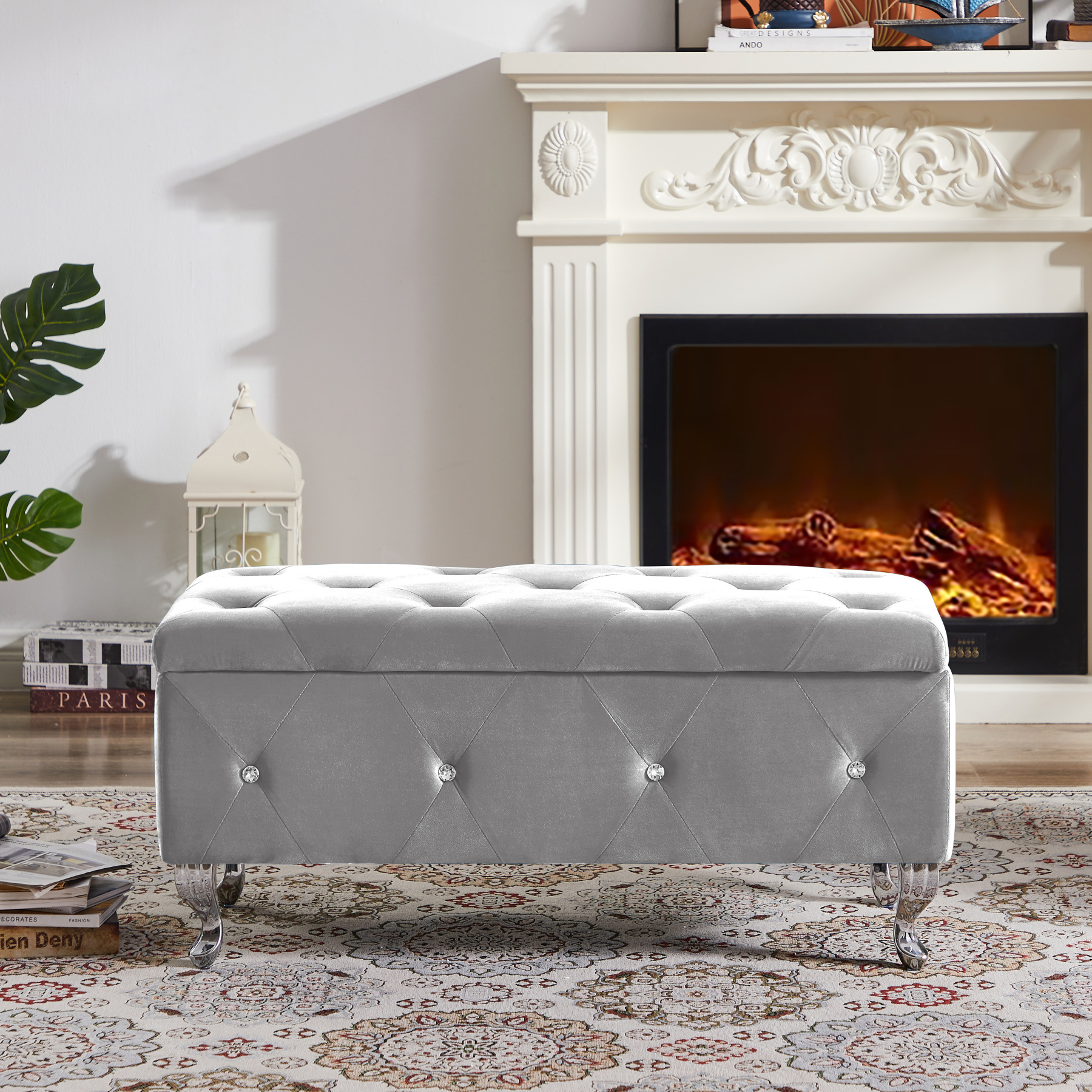 Velvet Upholstered Footstool with Storage Space, Storage Ottoman Bench ...