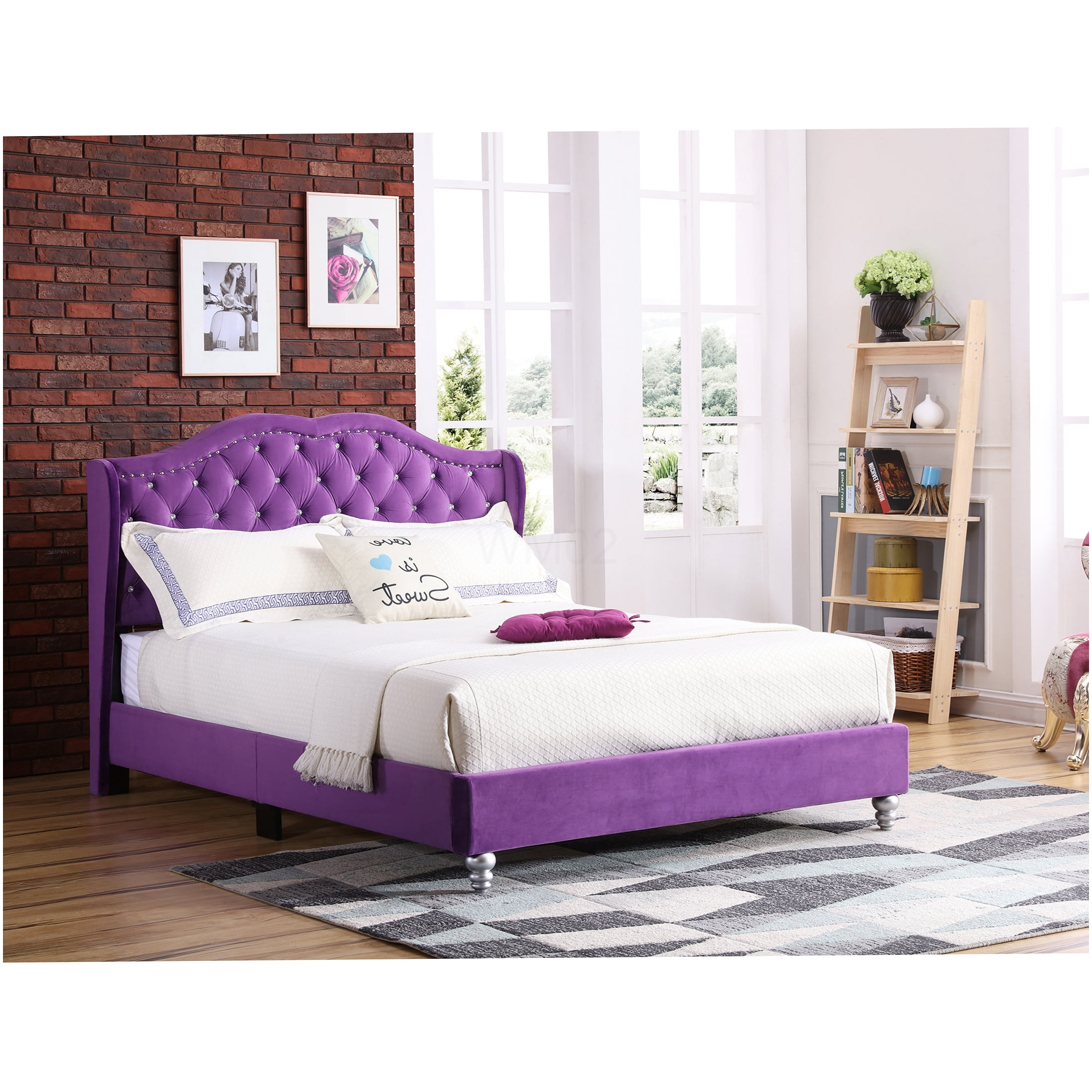 Velvet Upholstered Full Size Bed Frame with Foam Padding, Low Profile ...