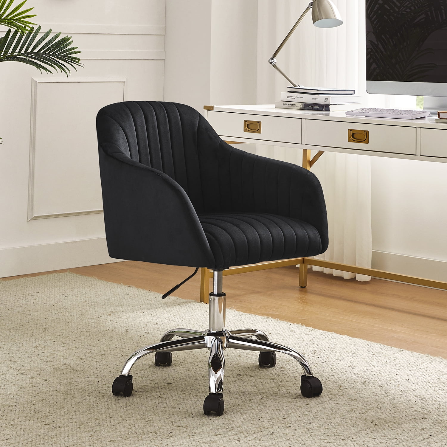 Velvet Upholstered Office Desk Chair Rolling Vanity Armchair Computer ...