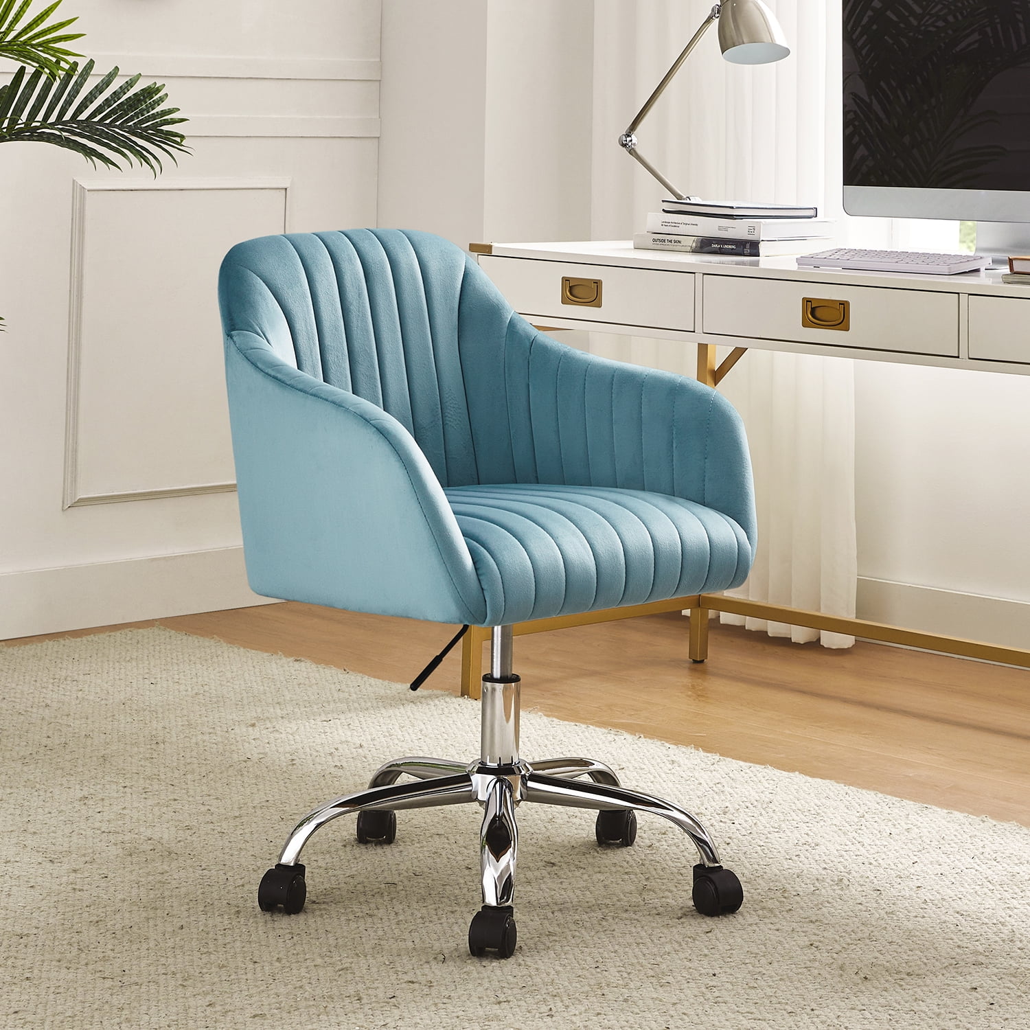 Velvet Upholstered Office Desk Chair Rolling Vanity Armchair Computer ...