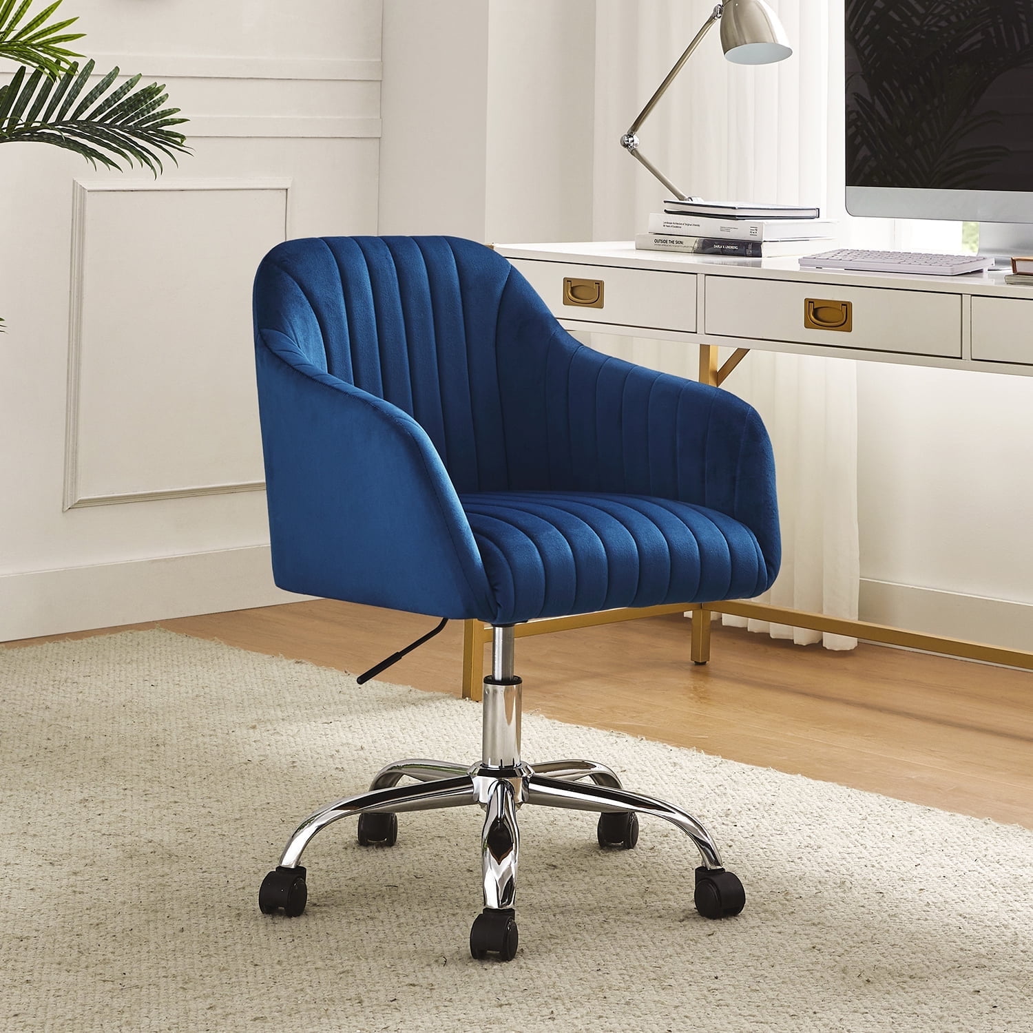 Velvet Upholstered Office Desk Chair Rolling Vanity Armchair Computer ...