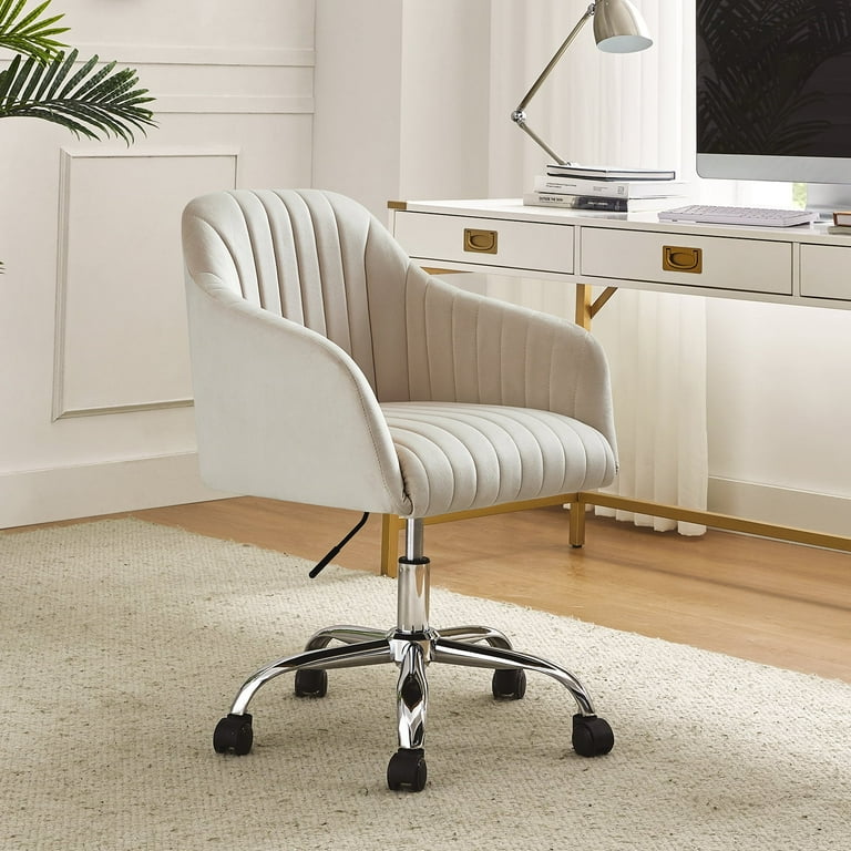 Velvet Upholstered Office Desk Chair Rolling Vanity Armchair Computer Swivel Chairs Adjustable Chrome Leg Home Bedroom Tan