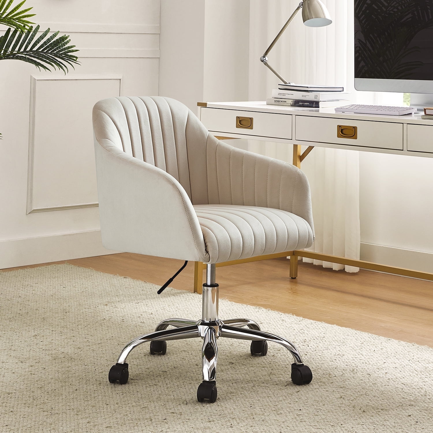 Velvet Upholstered Office Desk Chair Rolling Vanity Armchair Computer ...