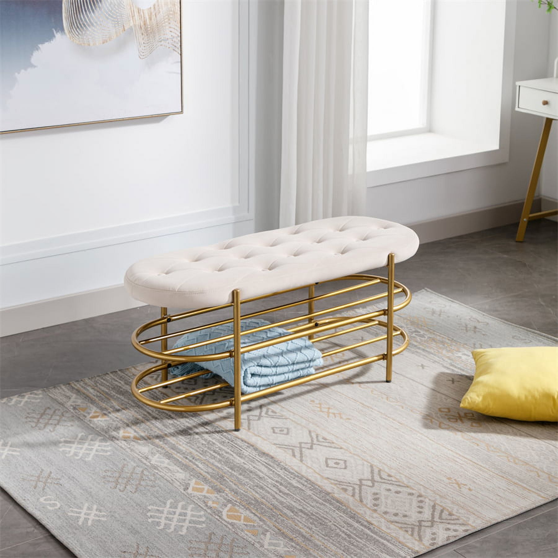 Velvet Upholstered Ottoman Bench, Modern Vanity Bench with Golden Metal ...