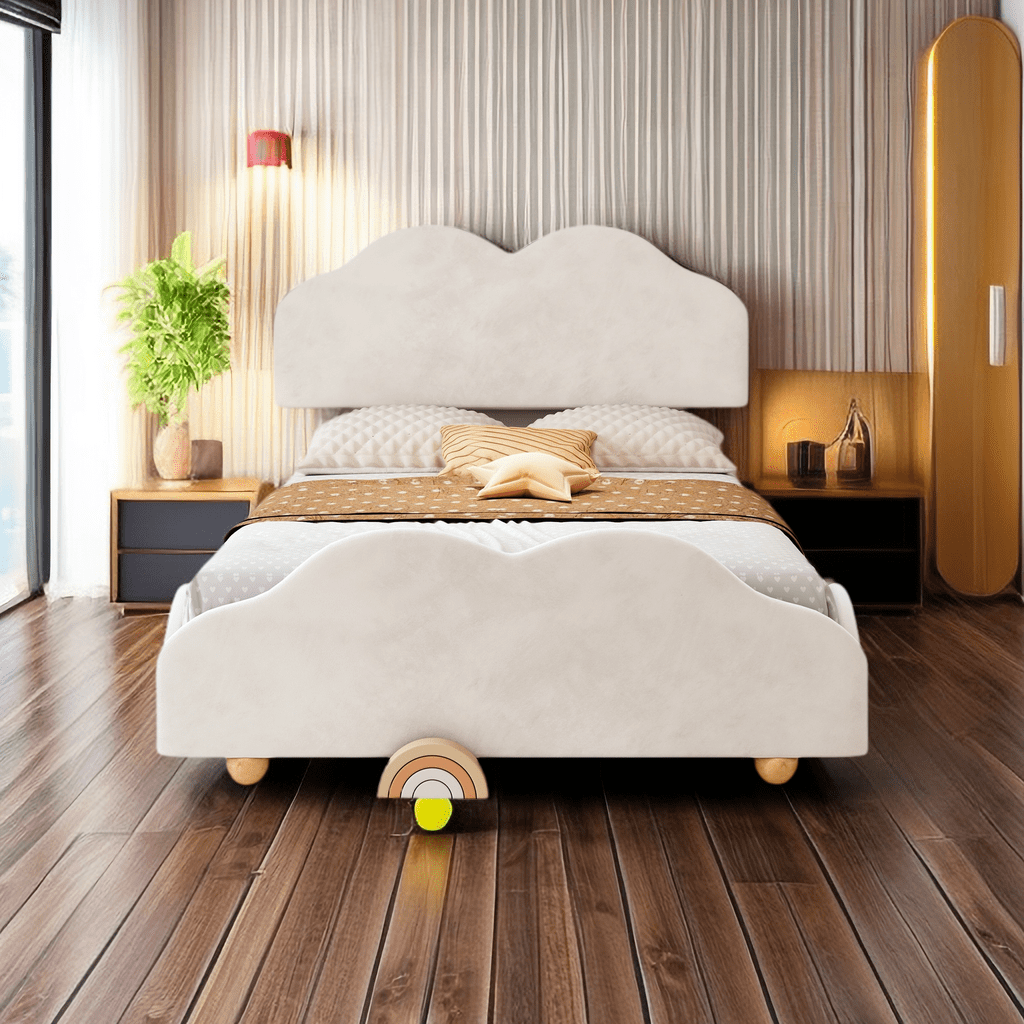 Velvet Upholstered Platform Bed Cloud-Shape Bed, Wood Full Size ...