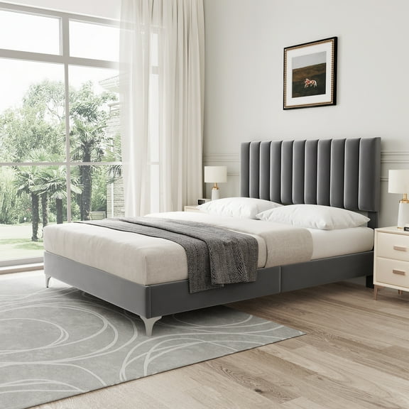 Velvet LED Bed Frame with Adjustable Headboard and Footboard ...