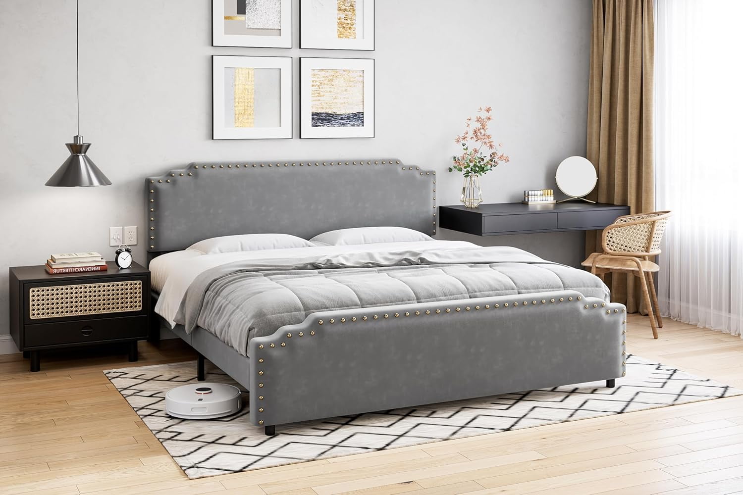 Velvet Upholstered Platform Bed Frame with Rivet Headboard, No Box ...