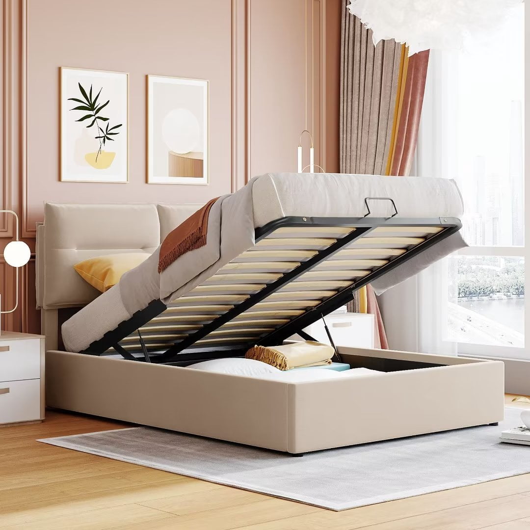 Velvet Upholstered Platform Bed, Full Size Platform Bed Frame with a ...