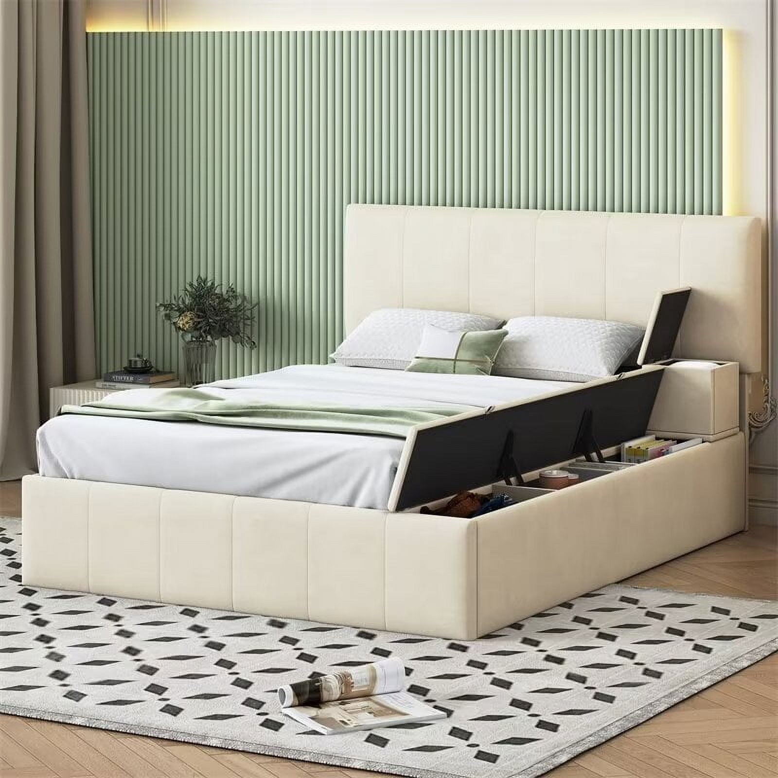 Velvet Upholstered Platform Bed with Lateral Storage Compartments and ...