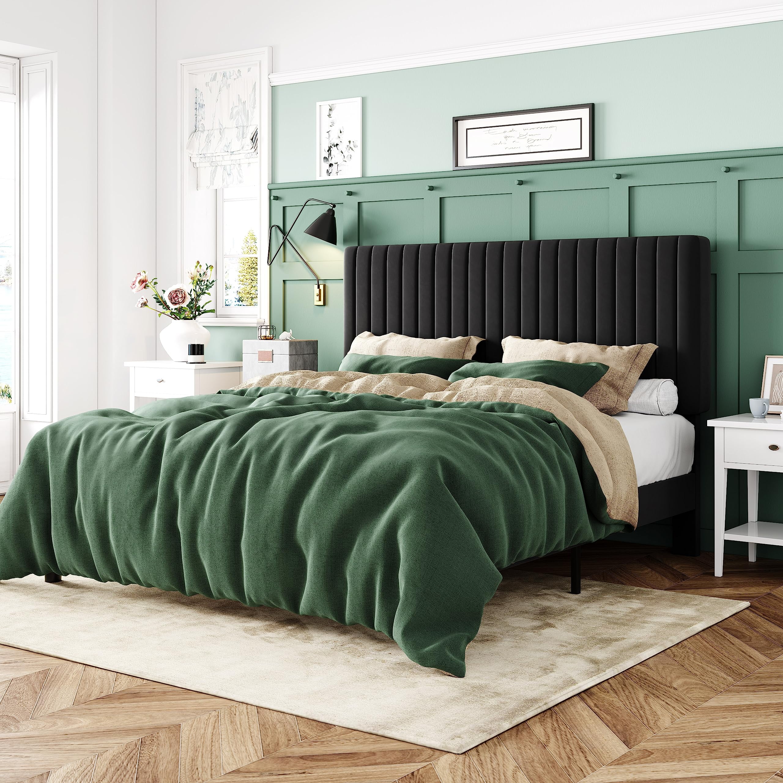 Velvet Upholstered Queen Size Bed Frame, Vertical Stitched Headboard ...