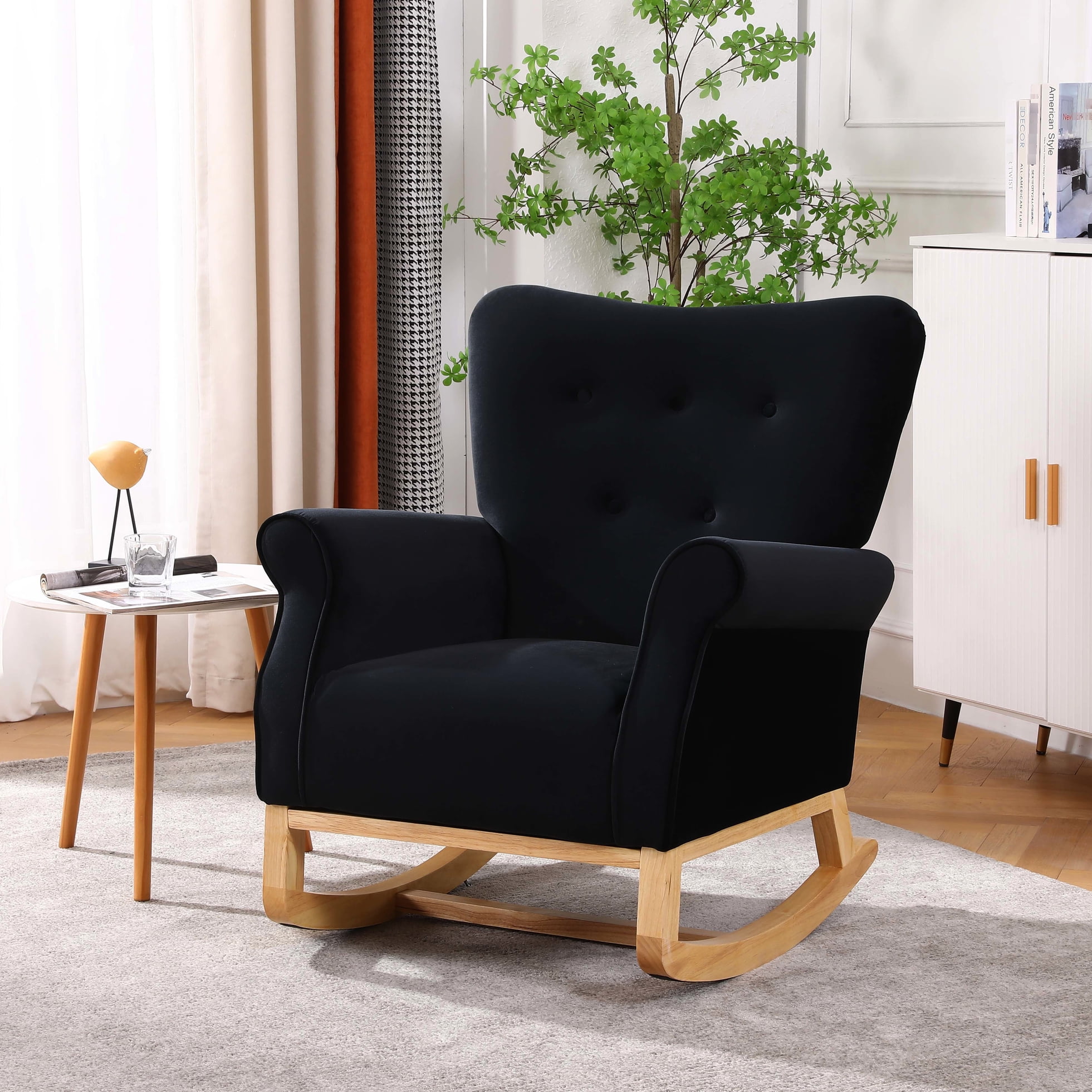 Velvet Upholstered Rocking Chair With Elegant Wood Legs Design, For ...
