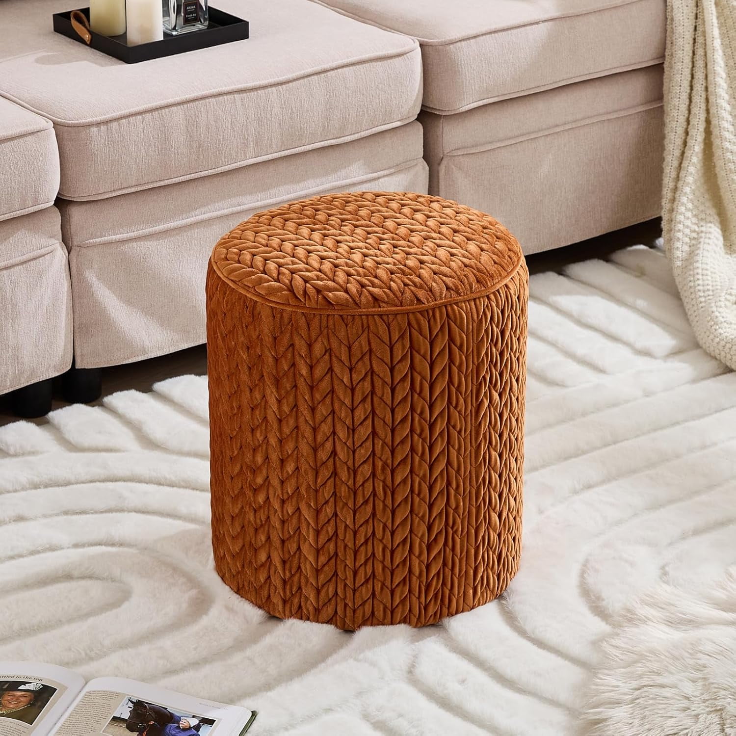 Velvet Upholstered Round Ottoman Foot Stool with Braided Tufted Design ...